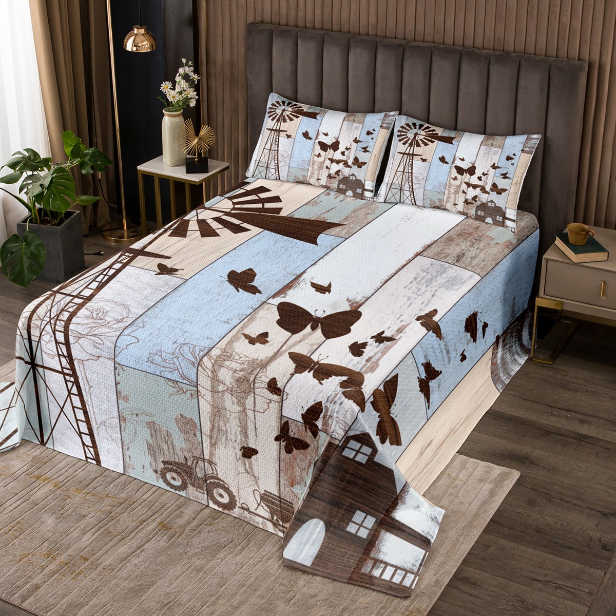 Garden Windmill Quilt Set King,Pinwheel Winnower Bedspread Set Animal ...