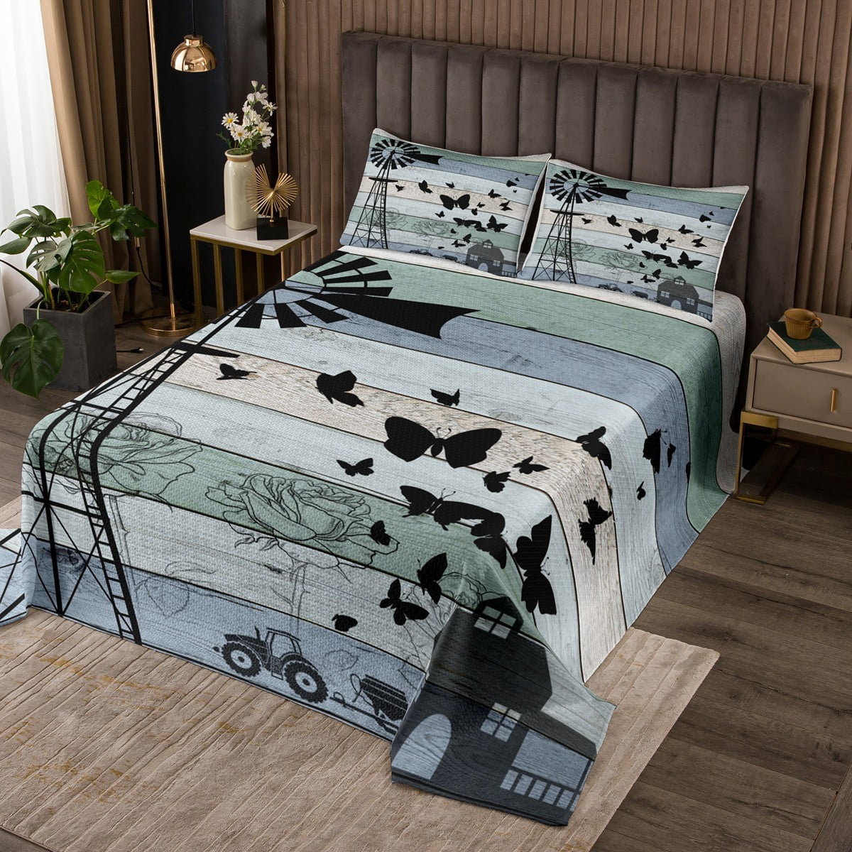 Garden Windmill Quilt Set King,Pinwheel Winnower Bedspread Set Animal ...