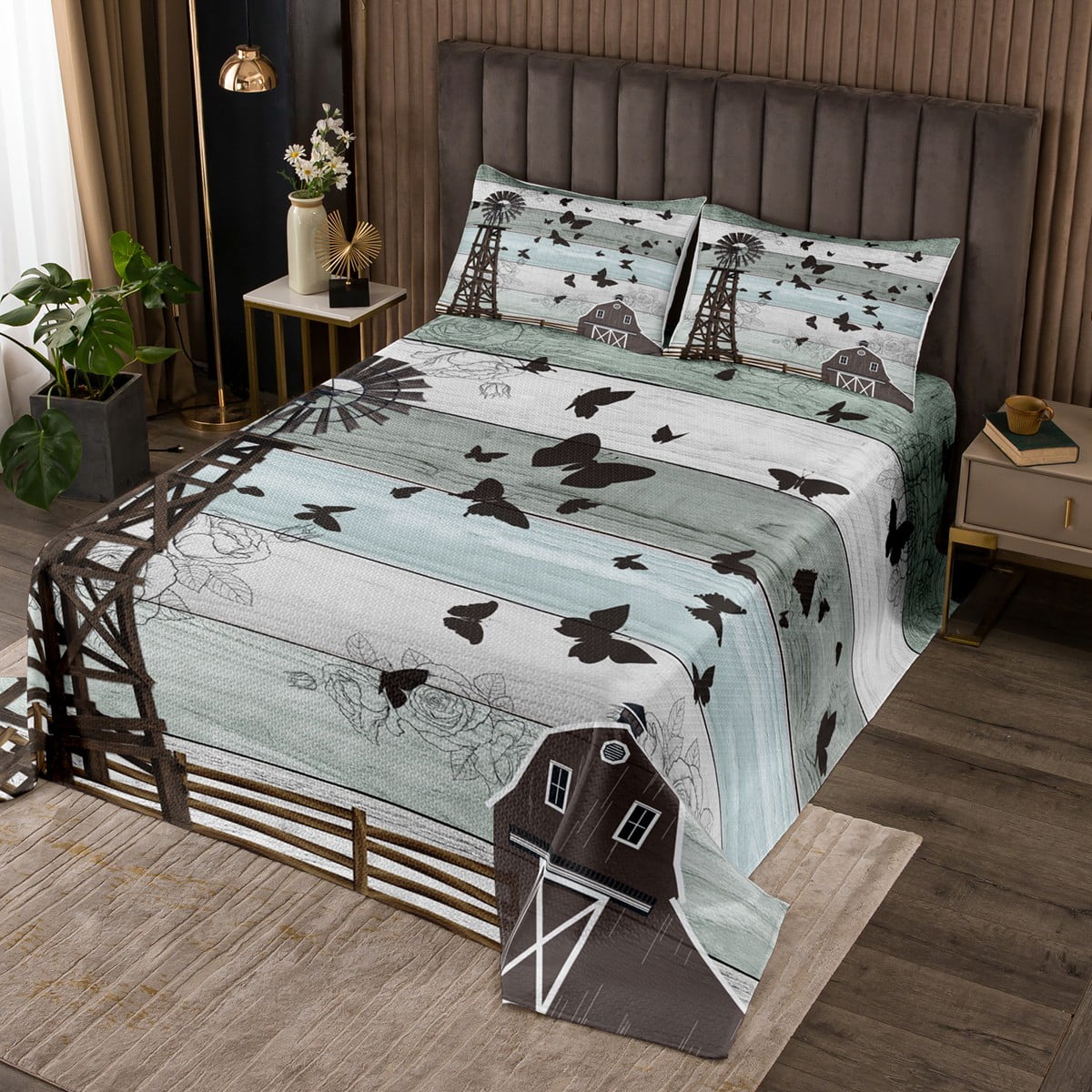 Garden Windmill Quilt Set Queen,Pinwheel Winnower Bedspread Set Animal ...