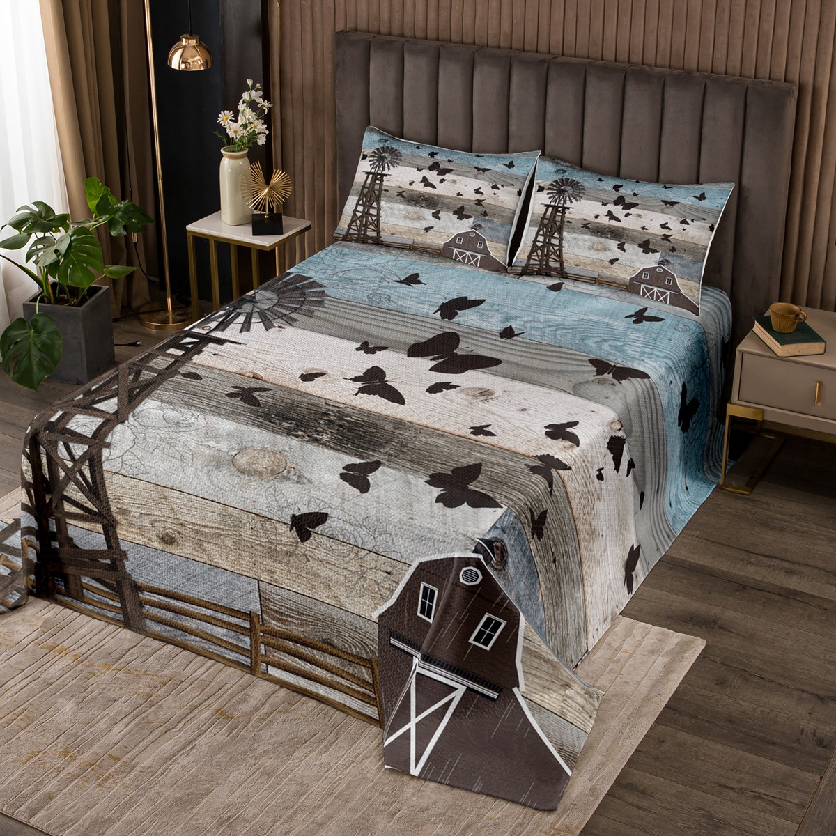 Garden Windmill Quilt Set Queen,Pinwheel Winnower Bedspread Set Animal ...