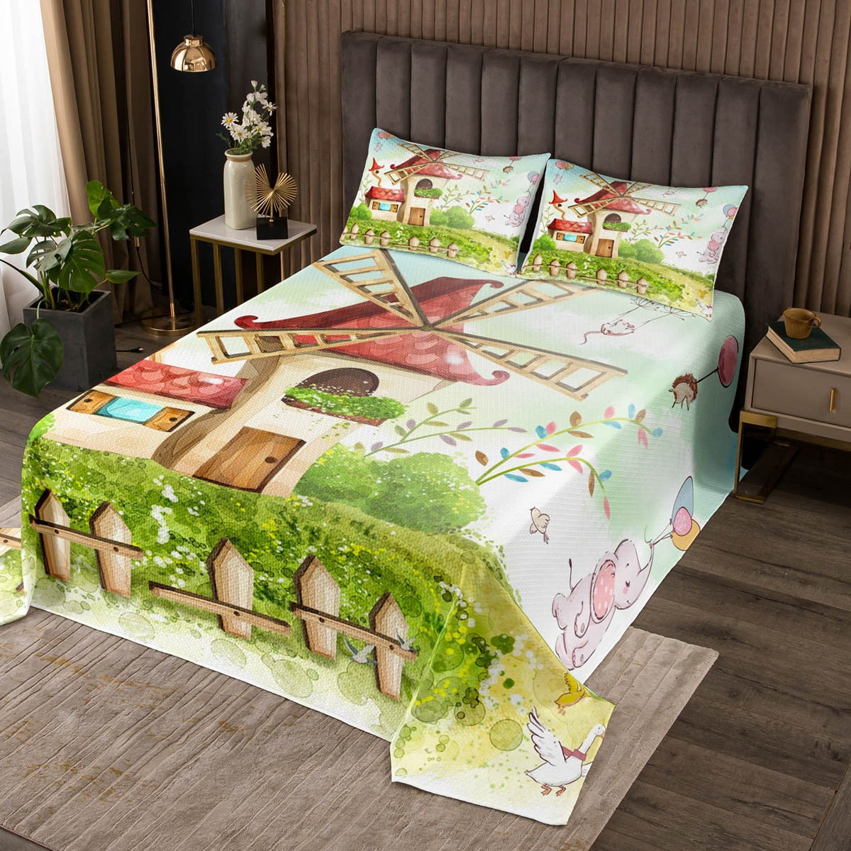 Garden Windmill Quilt Set Windmill Decor Farmhouse Bedspread Set Red ...