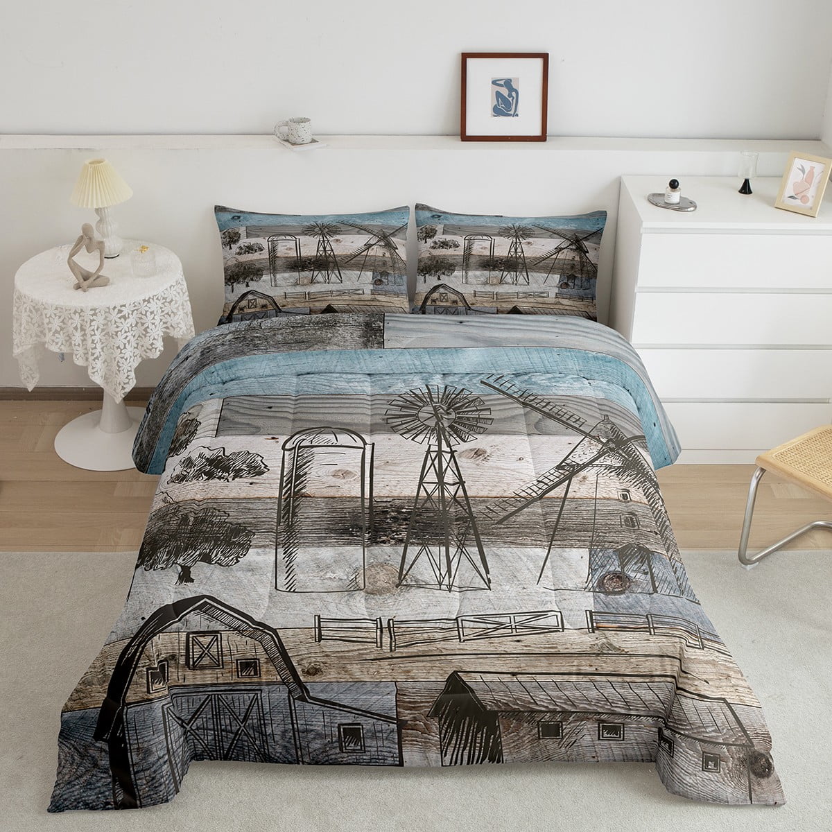 Garden Windmill Quilt Windmill Decor Farmhouse Comforter Set King,Lodge ...