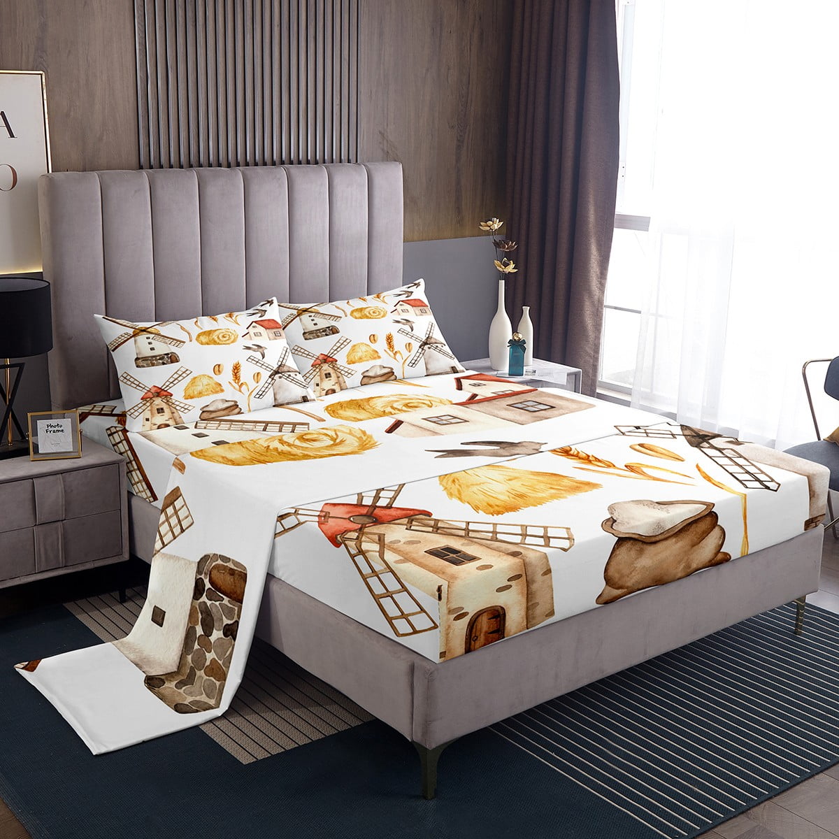 Garden Windmill Sheet Set Lodge Cabin Flat Fitted Sheet Rustic Bed ...