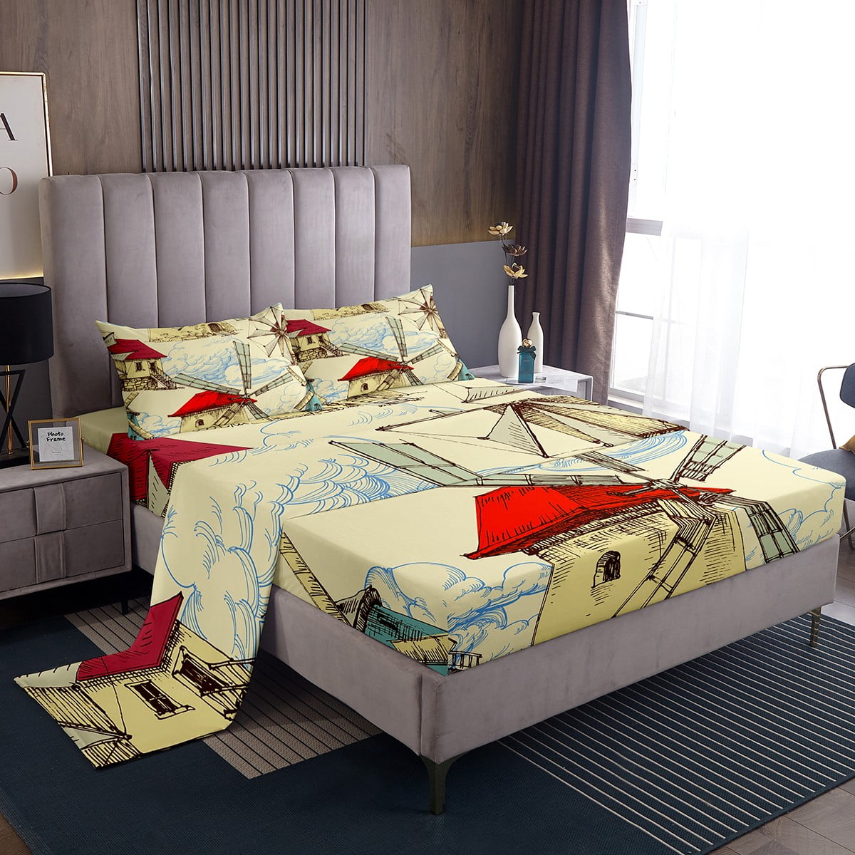 Garden Windmill Sheet Set Red Lodge Cabin Flat Fitted Sheet Rustic Bed ...