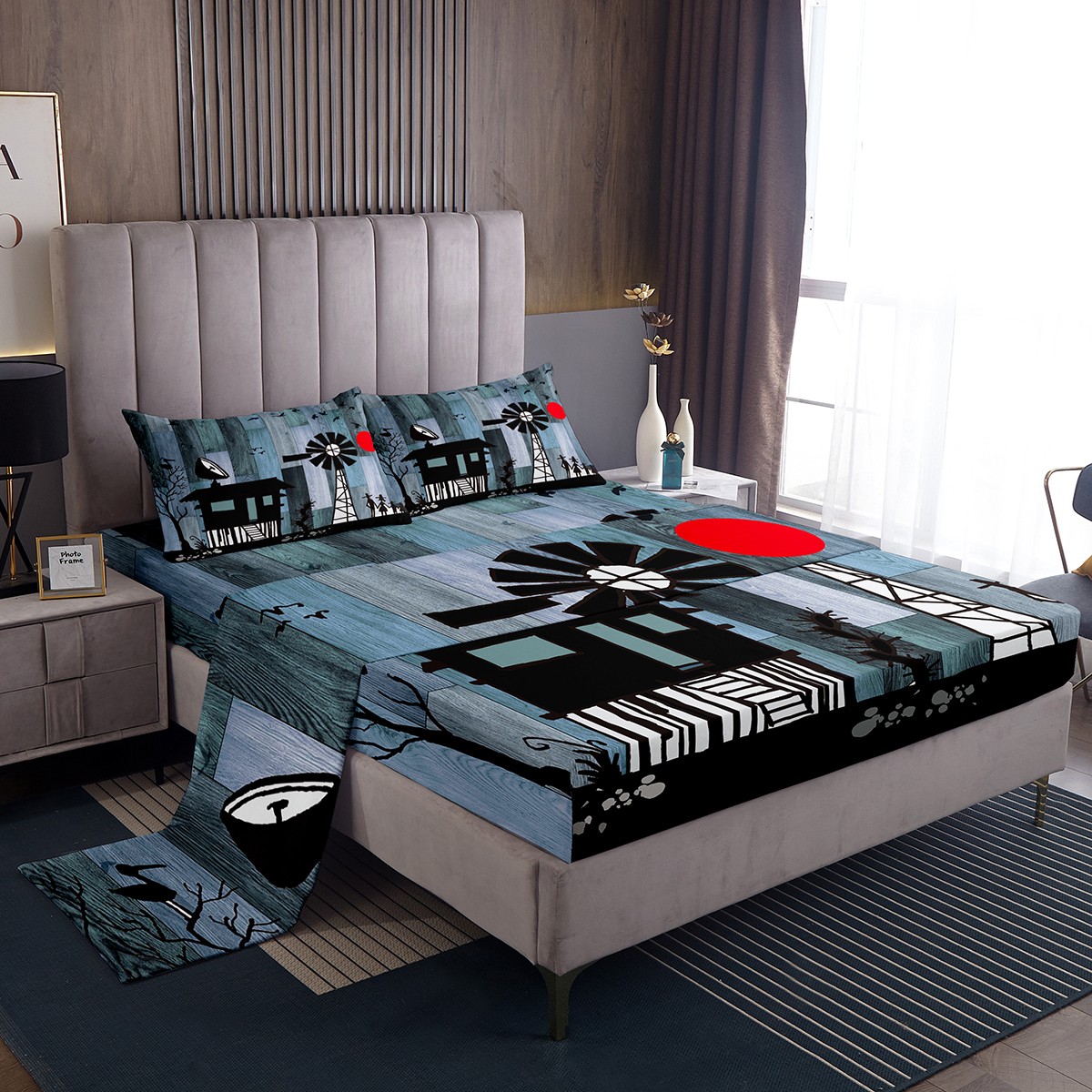 Garden Windmill Sheet Set Windmill Decor Farmhouse Flat Fitted Sheet ...