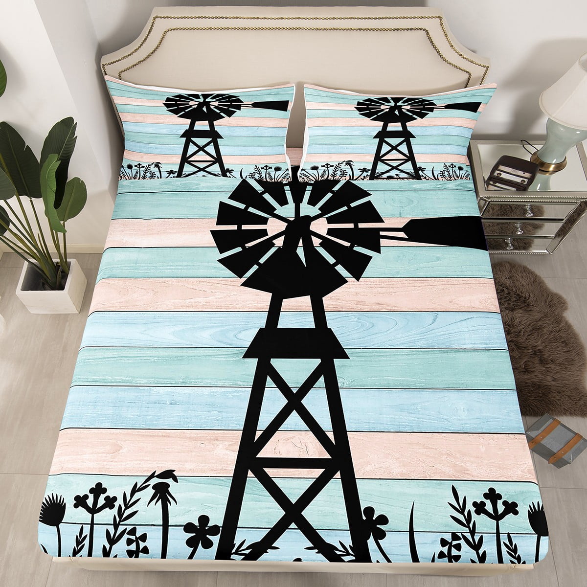 Garden Windmill Sheets Windmill Decor Farmhouse Fitted Sheet Full,Lodge ...