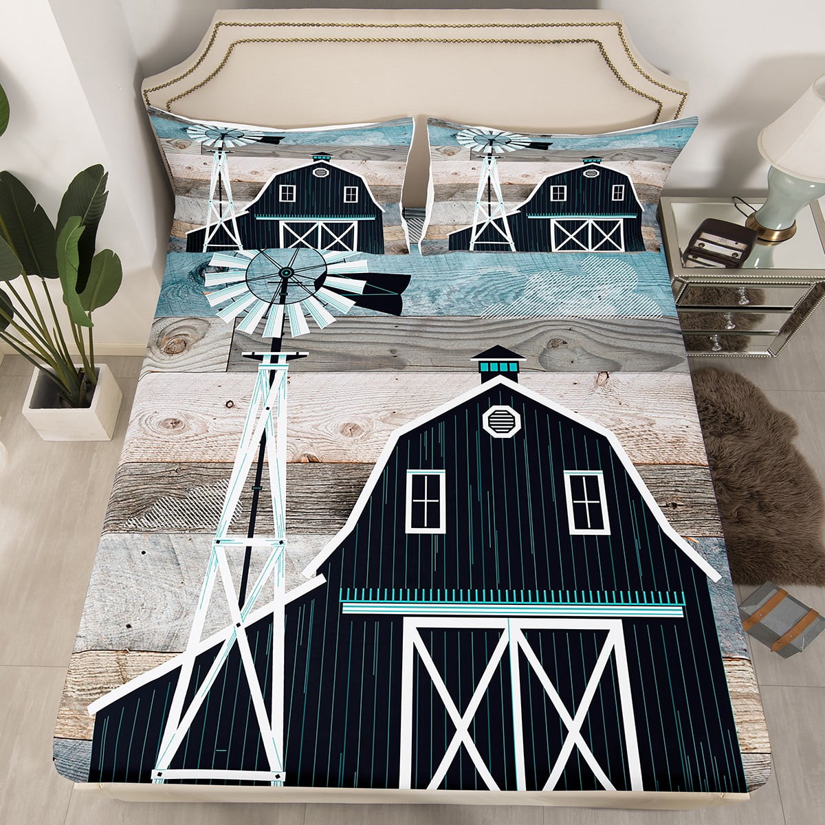 Garden Windmill Sheets Windmill Decor Farmhouse Fitted Sheet Full,Lodge ...