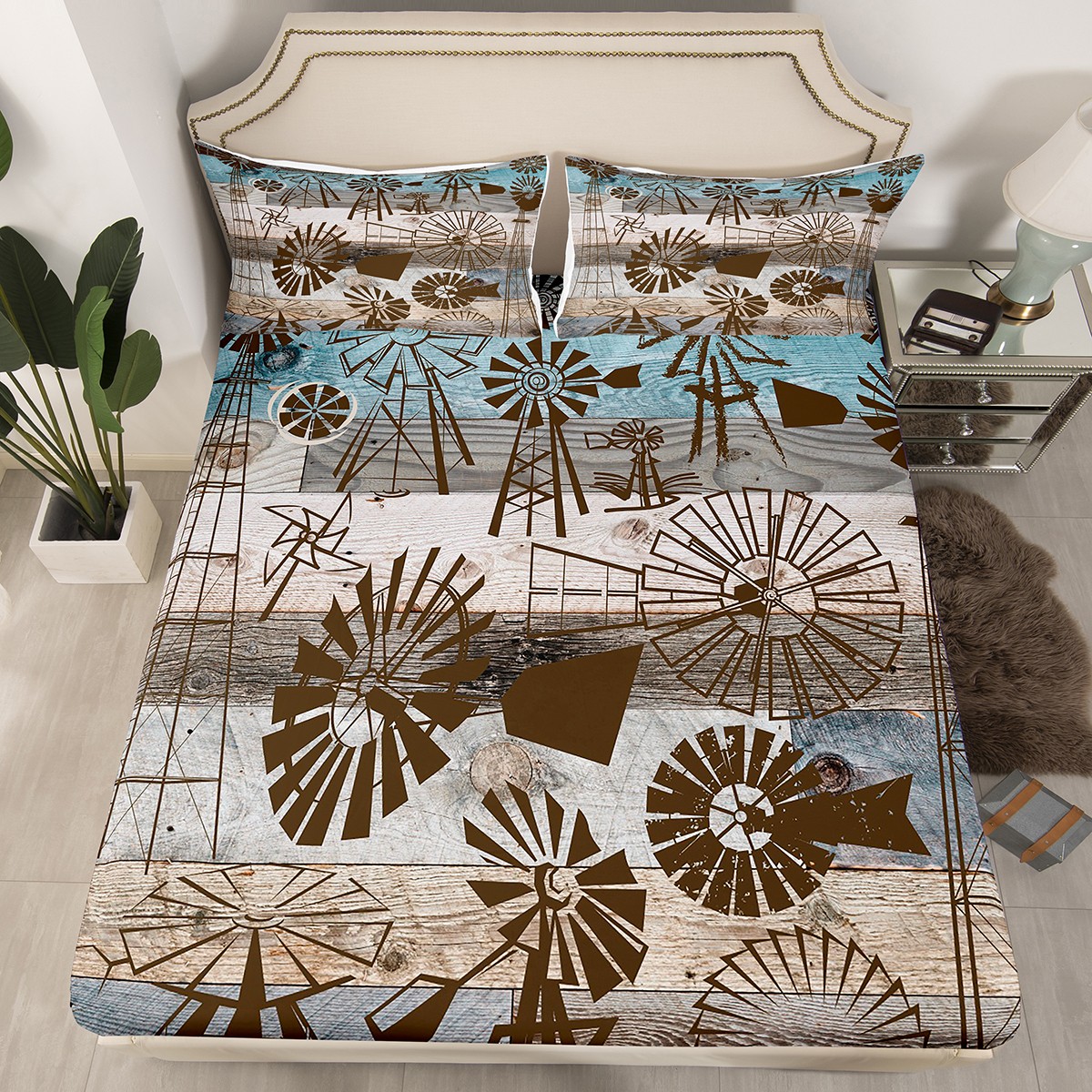 Garden Windmill Sheets Windmill Decor Farmhouse Fitted Sheet Twin,Lodge ...