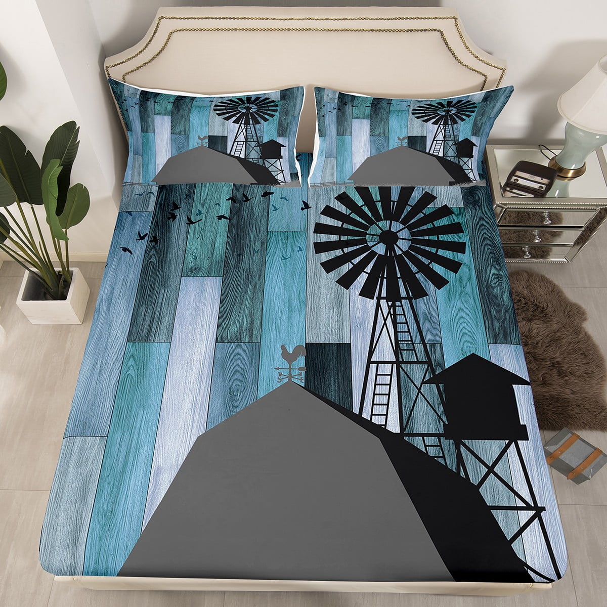 Garden Windmill Sheets Windmill Decor Farmhouse Fitted Sheet Twin,Lodge ...