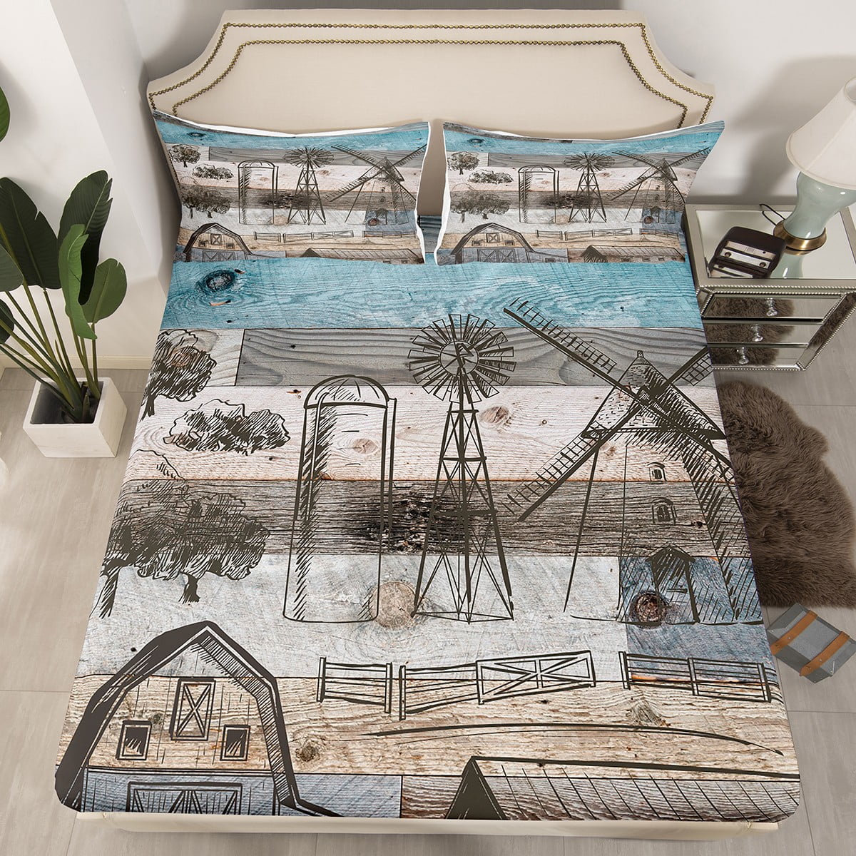 Garden Windmill Sheets Windmill Decor Farmhouse Fitted Sheet Queen ...