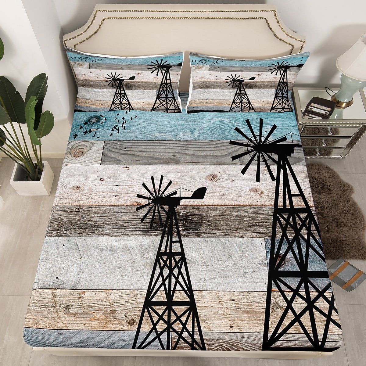 Garden Windmill Sheets Windmill Decor Farmhouse Fitted Sheet Twin,Lodge ...