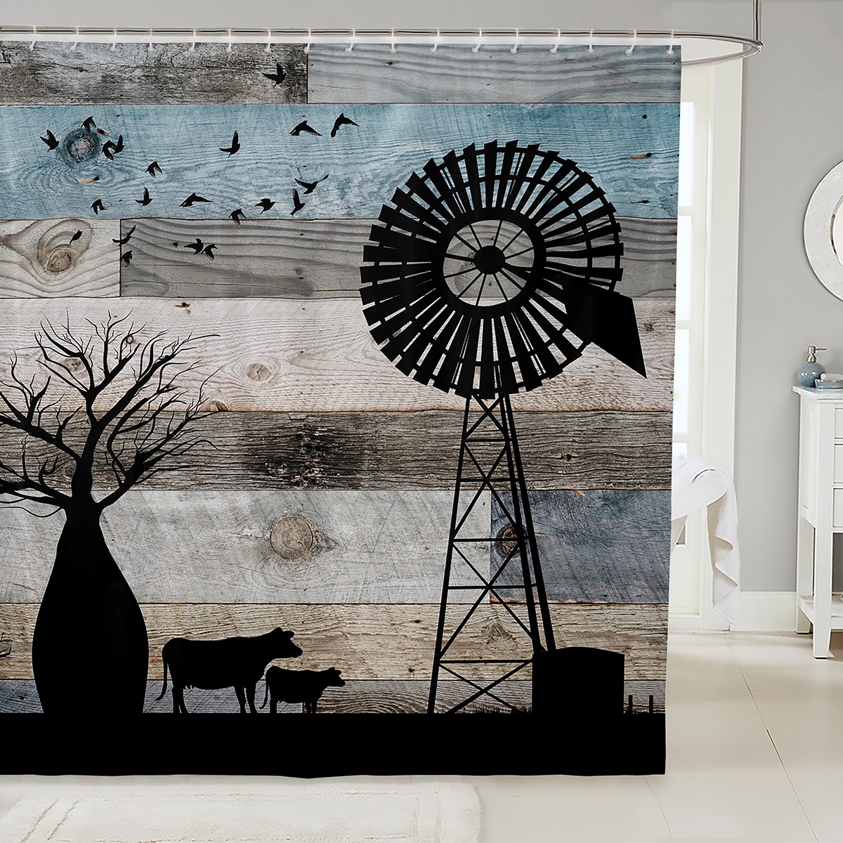 Garden Windmill Shower Curtain Farm Animals Bath Curtain,Milk Cow Bull ...