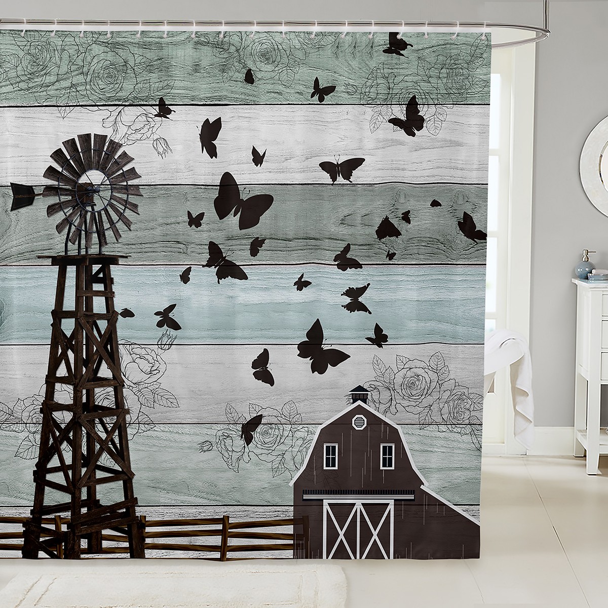Garden Windmill Shower Curtain,Pinwheel Winnower Bath Curtain Animal ...