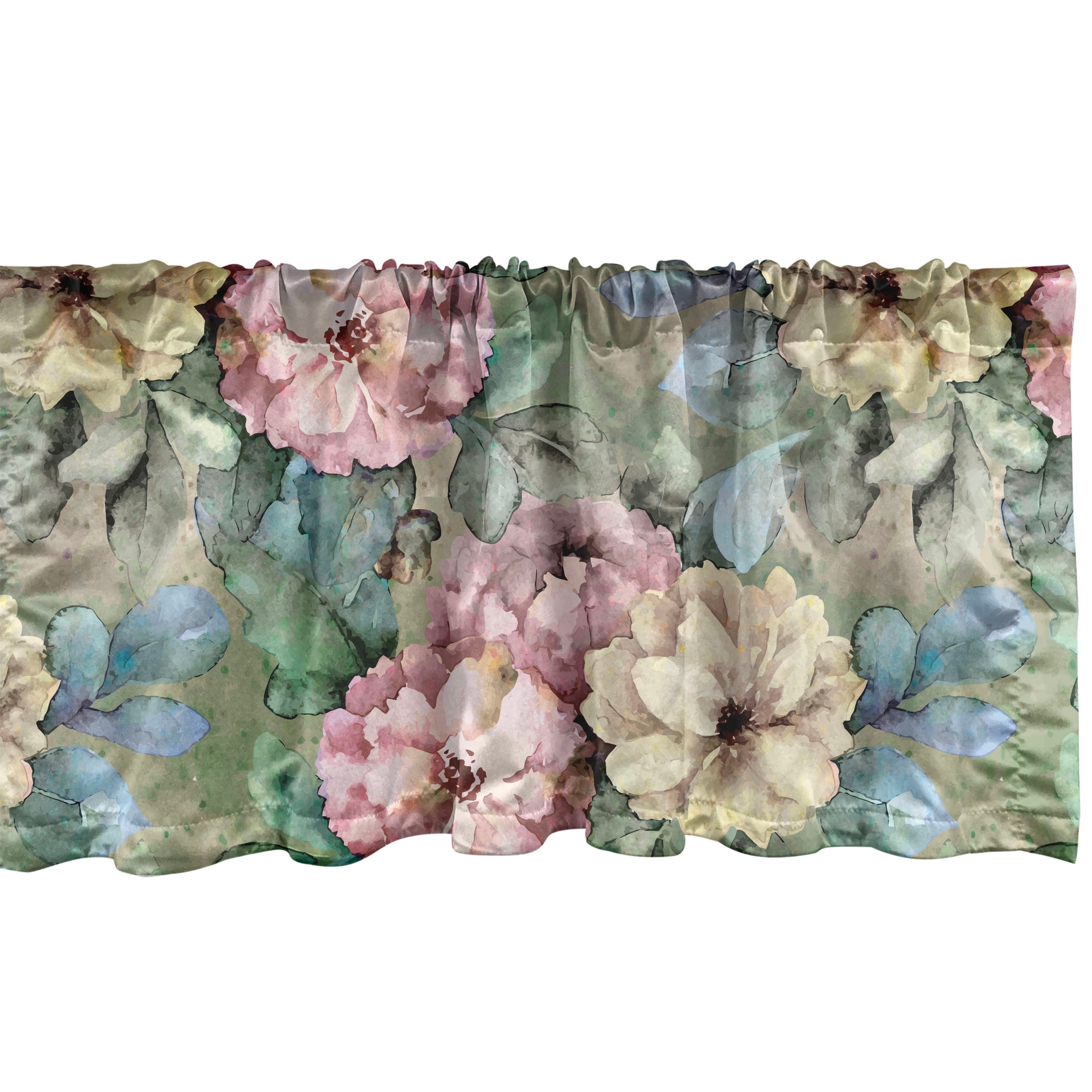 Garden Window Valance, Beige and Pink Colored Flowers with Green Leaves ...