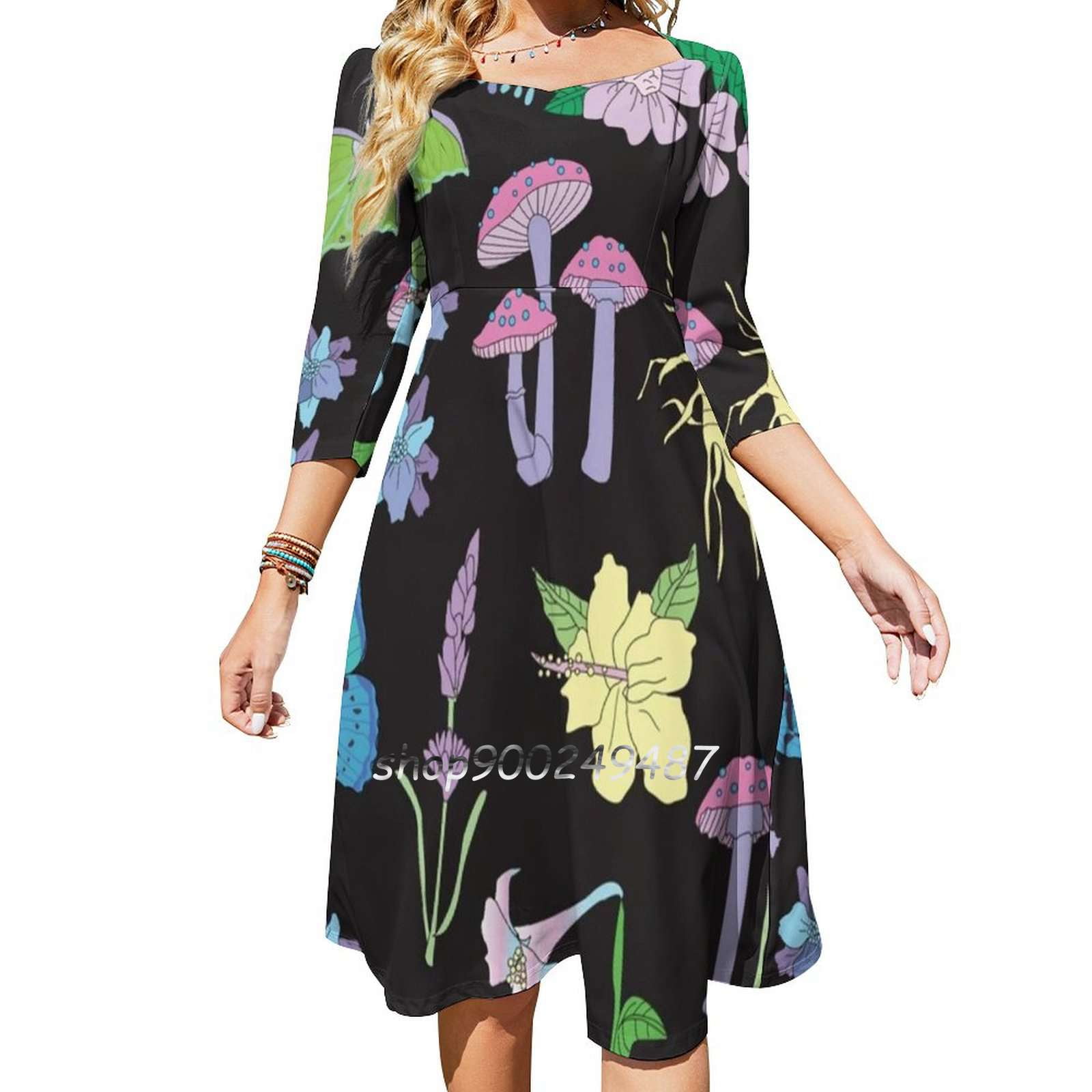 Garden Witch Square Neck Dress Sweet Summer Dress Women Elegant Halter ...