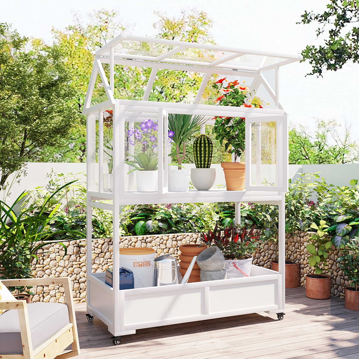 Garden Wood Portable Cold Frame with Movable Wheels, Mini Greenhouse ...