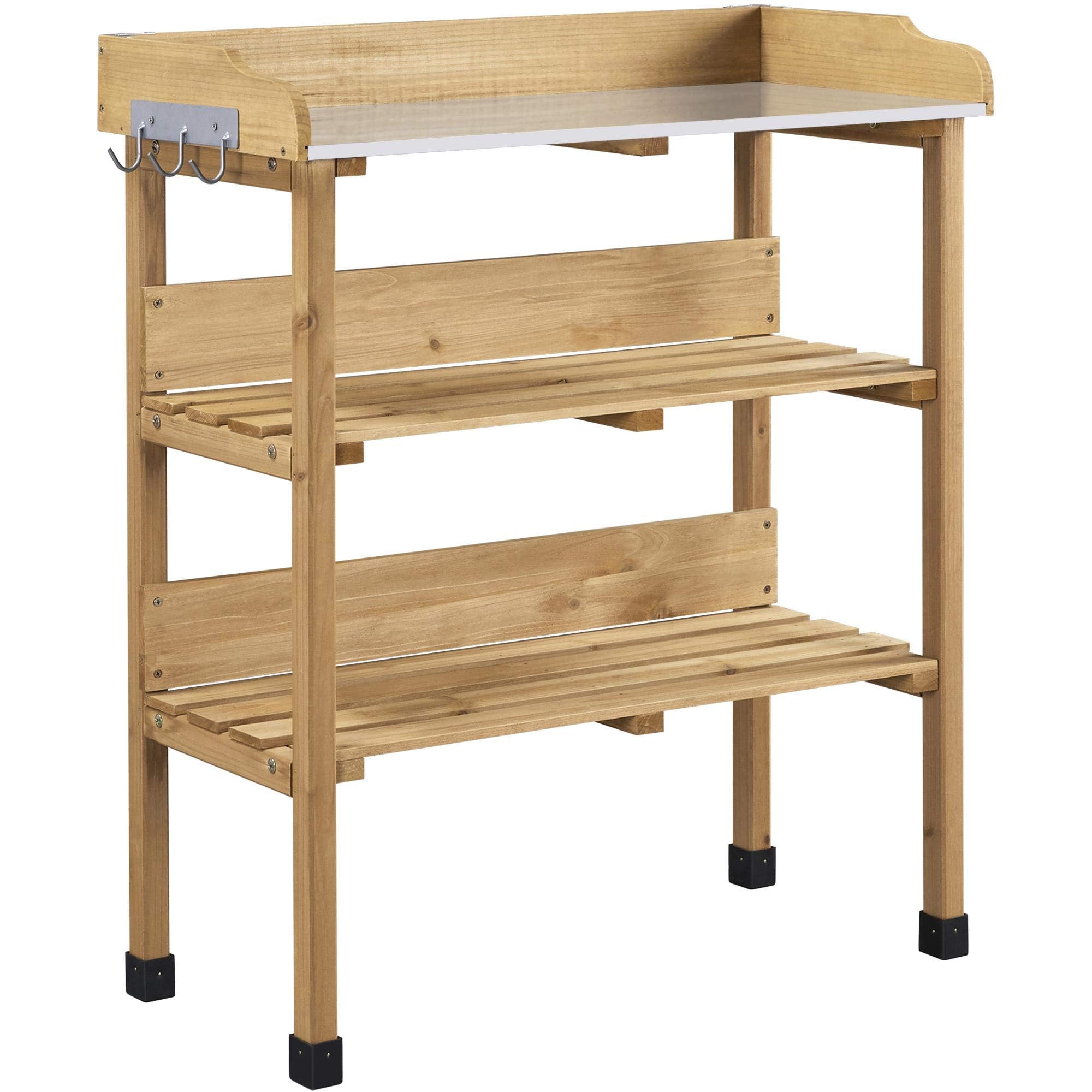 Garden Workstation Potting Bench, Fir Wood Construction with 3 Shelves ...