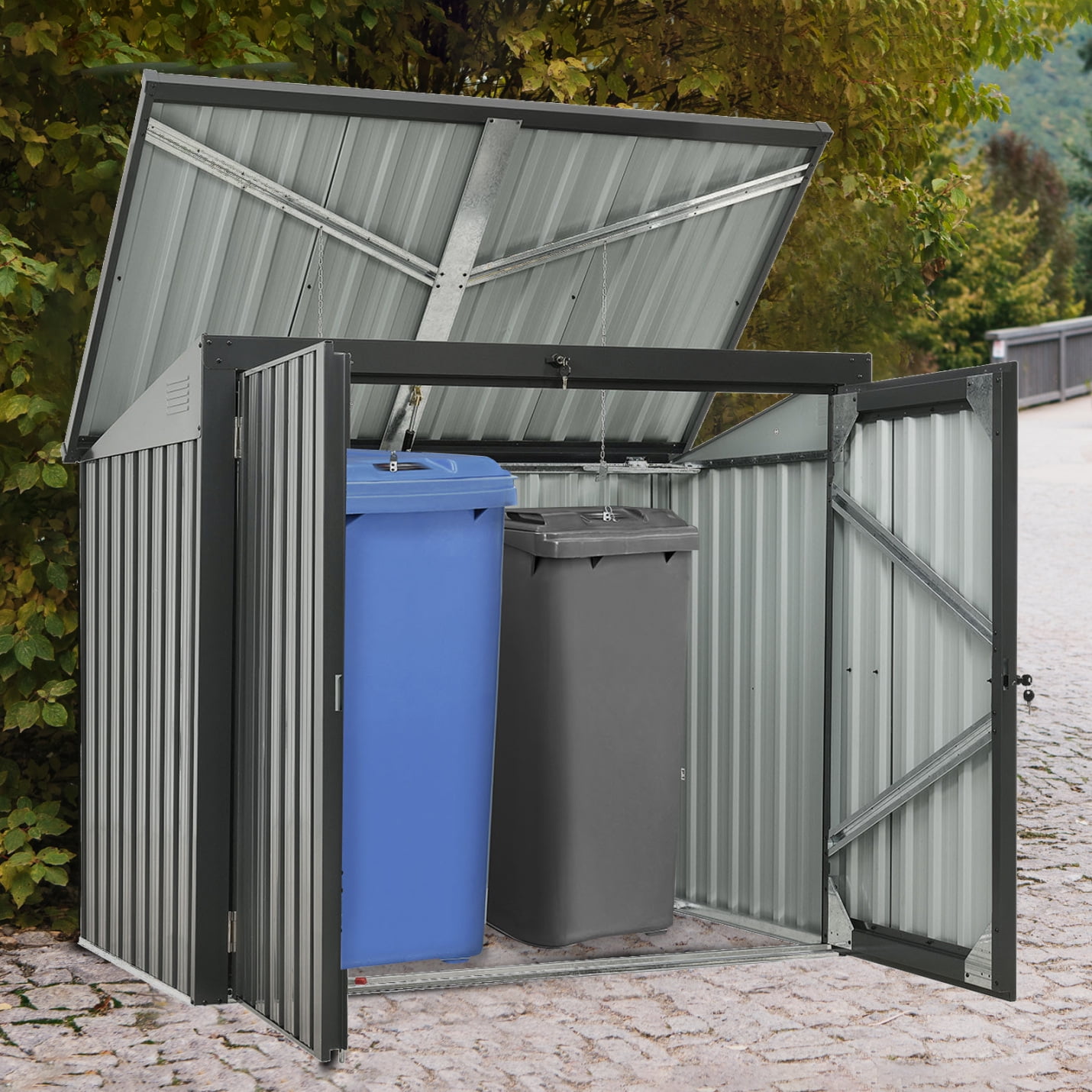 Garden Yard Lawn Outdoor Metal Storage Shed for 2 Trash Cans ...