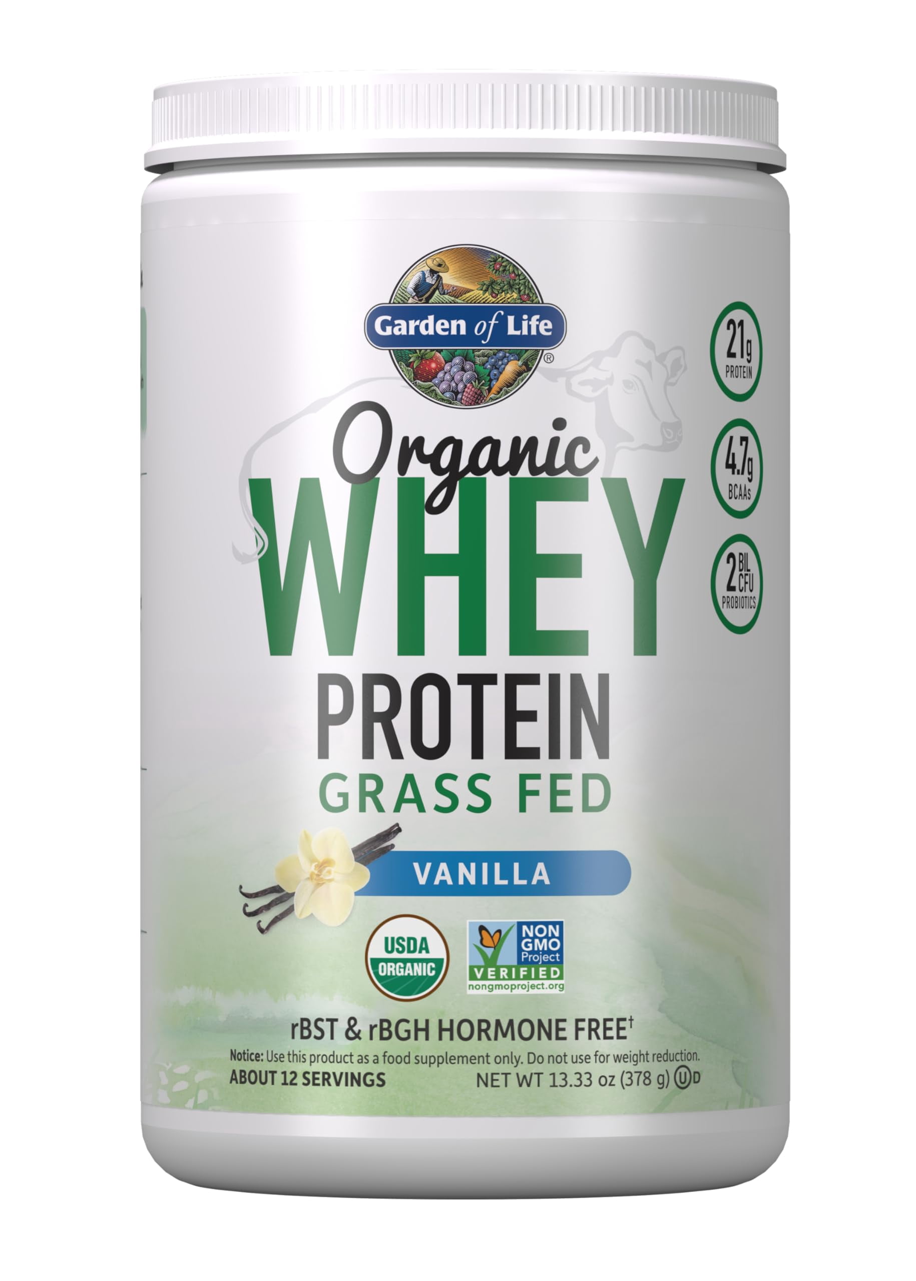 Garden of Life Grass Fed Whey Protein Powder Vanilla, 12 Servings, 21g ...