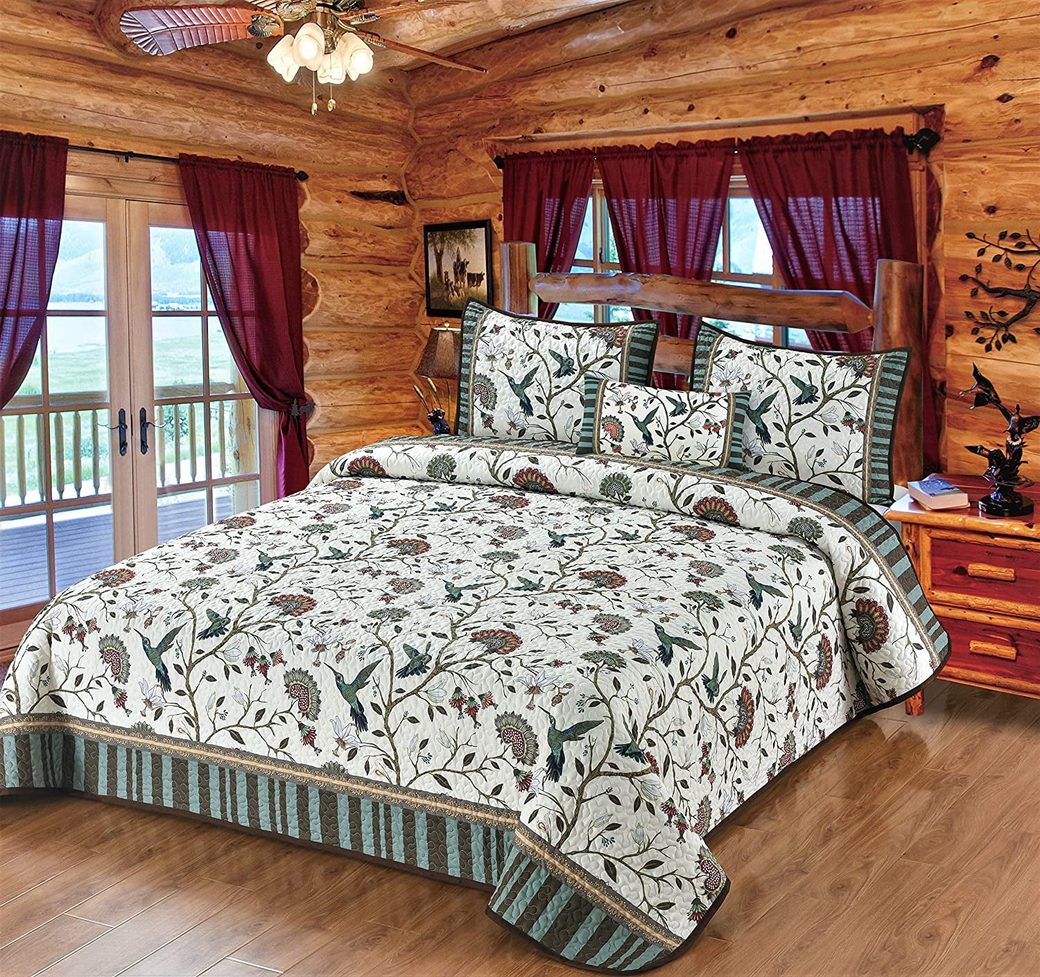 Garden with Humming Birds Queen Quilt Set Rustic Lodge Cabin Country ...