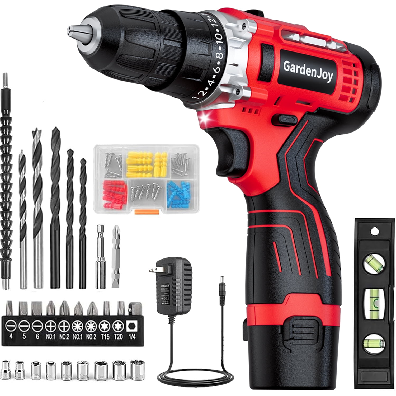 GardenJoy 12V Cordless Drill Set: Fast Charger, 2 Speed, 24+1 Torque ...
