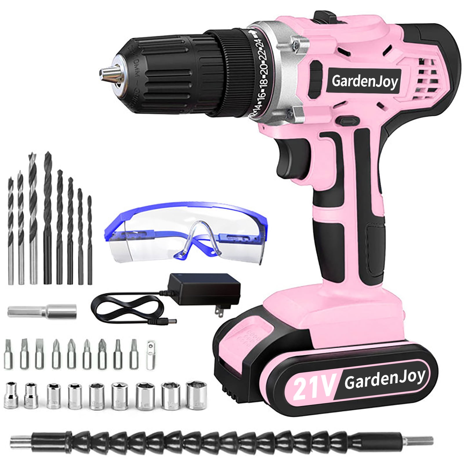 GardenJoy 21V Cordless Drill Set: Fast Charger, Keyless Chuck, 2 Speed ...