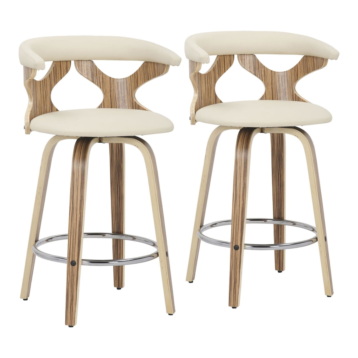 Gardenia Mid-Century Modern Counter Stool In Zebra Wood And Cream Faux ...
