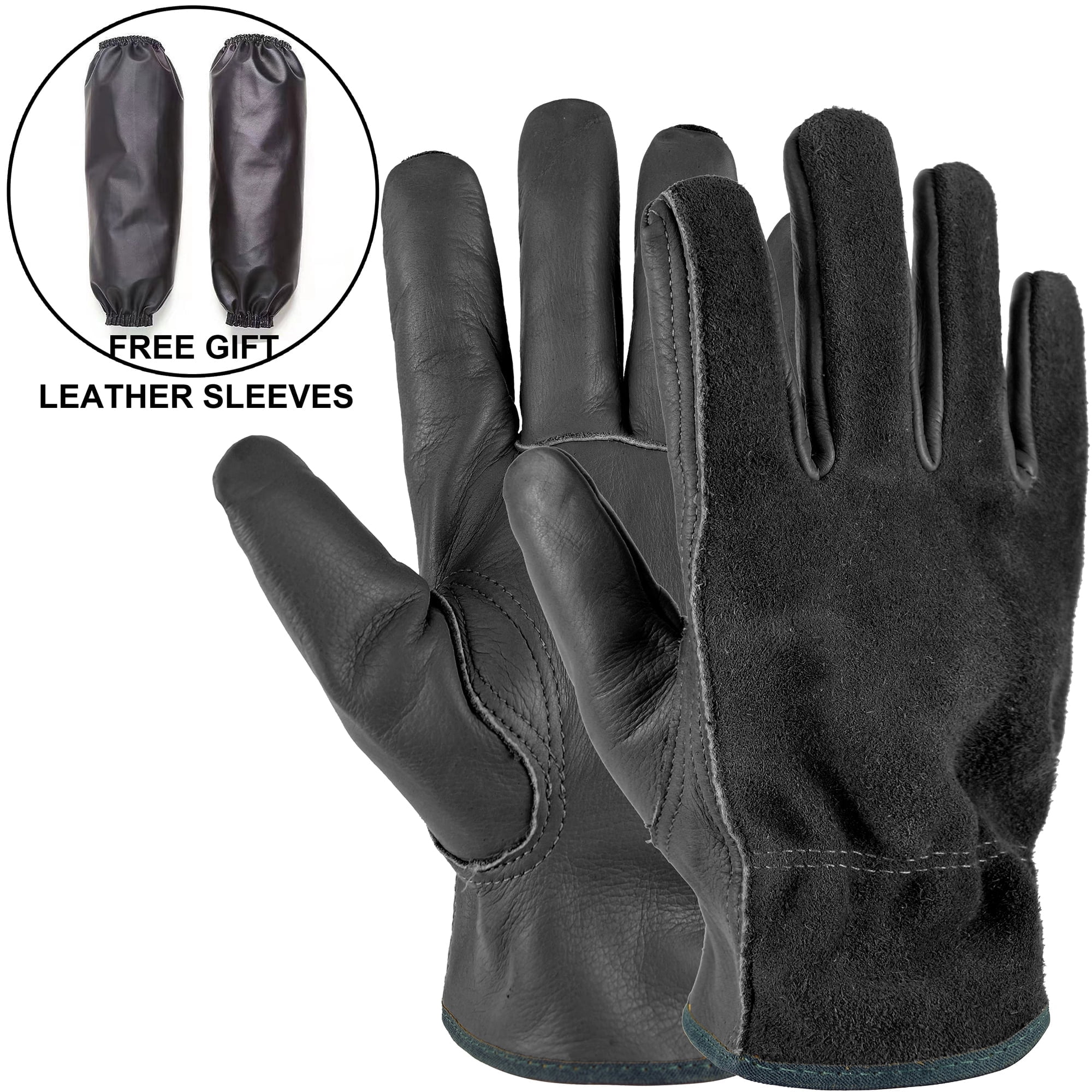 Gardening Gloves with Waterproof Sleeves, Cowhide Leather Work Gloves for Men Women, Black M ...