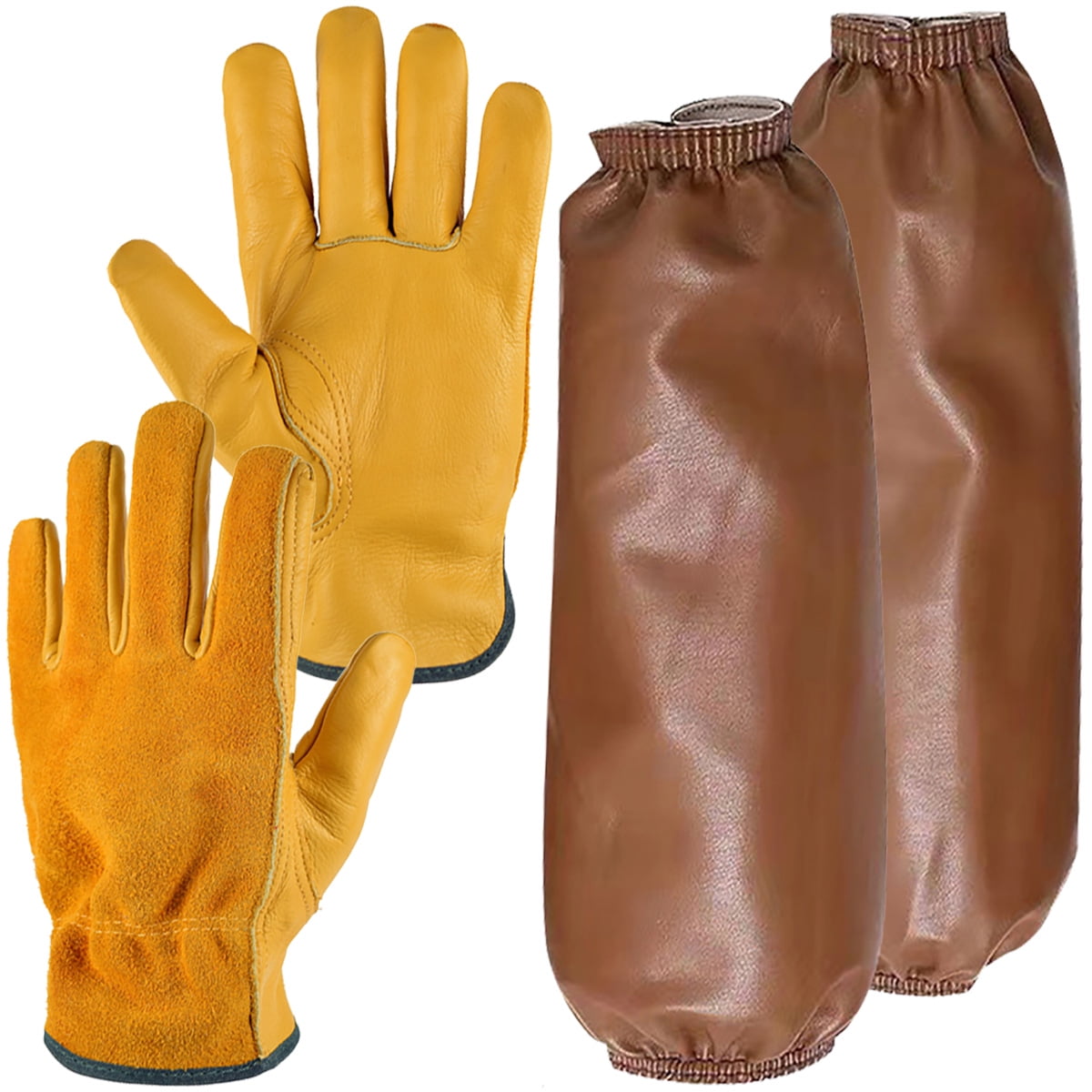 Gardening Gloves with Waterproof Sleeves, Cowhide Leather Work Gloves for Men Women, Gold XL ...