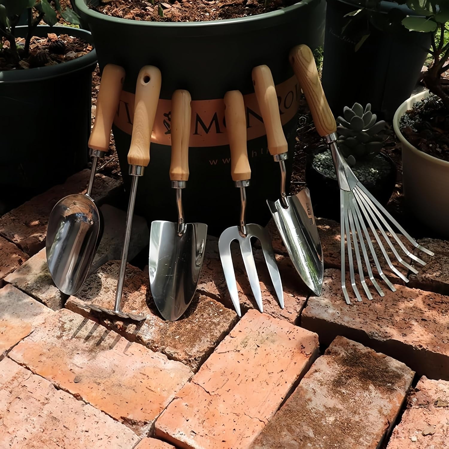 Gardening Set with Wood Handle - Heavy-Duty Stainless Steel Garden ...