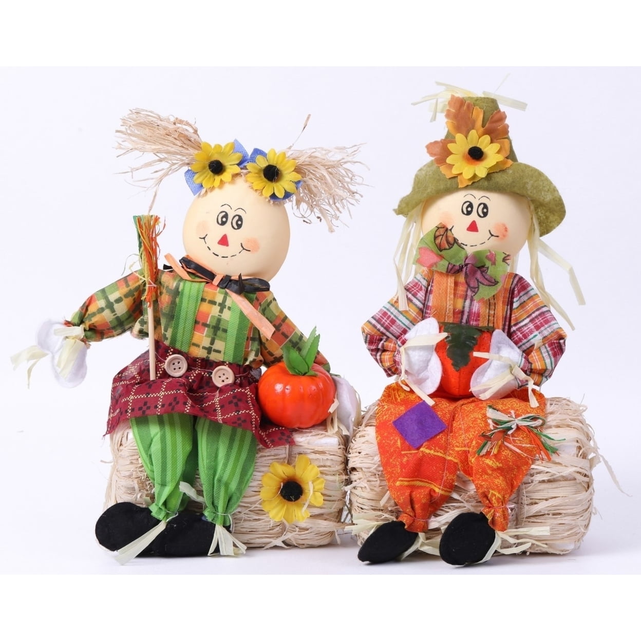 Gardenised 13 Inch Boy & Girl Duo Scarecrow on Rustic Hay Bales for ...