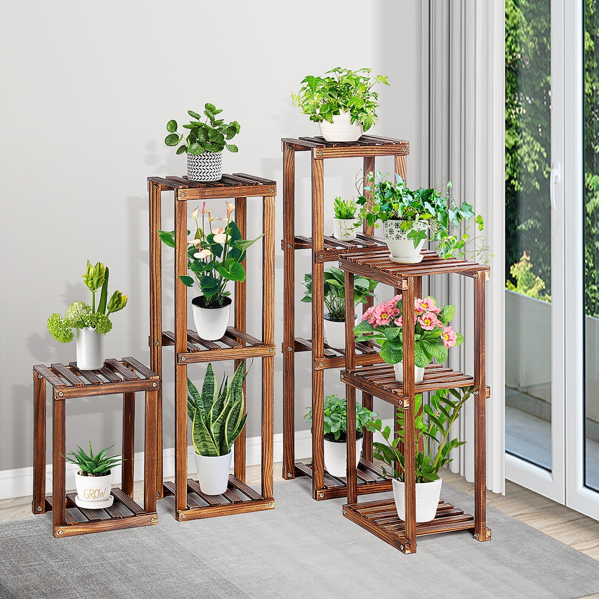 Garfans 4Pcs Plant Stand Wood Plant Shelf Indoor, Plant Flower Pot ...