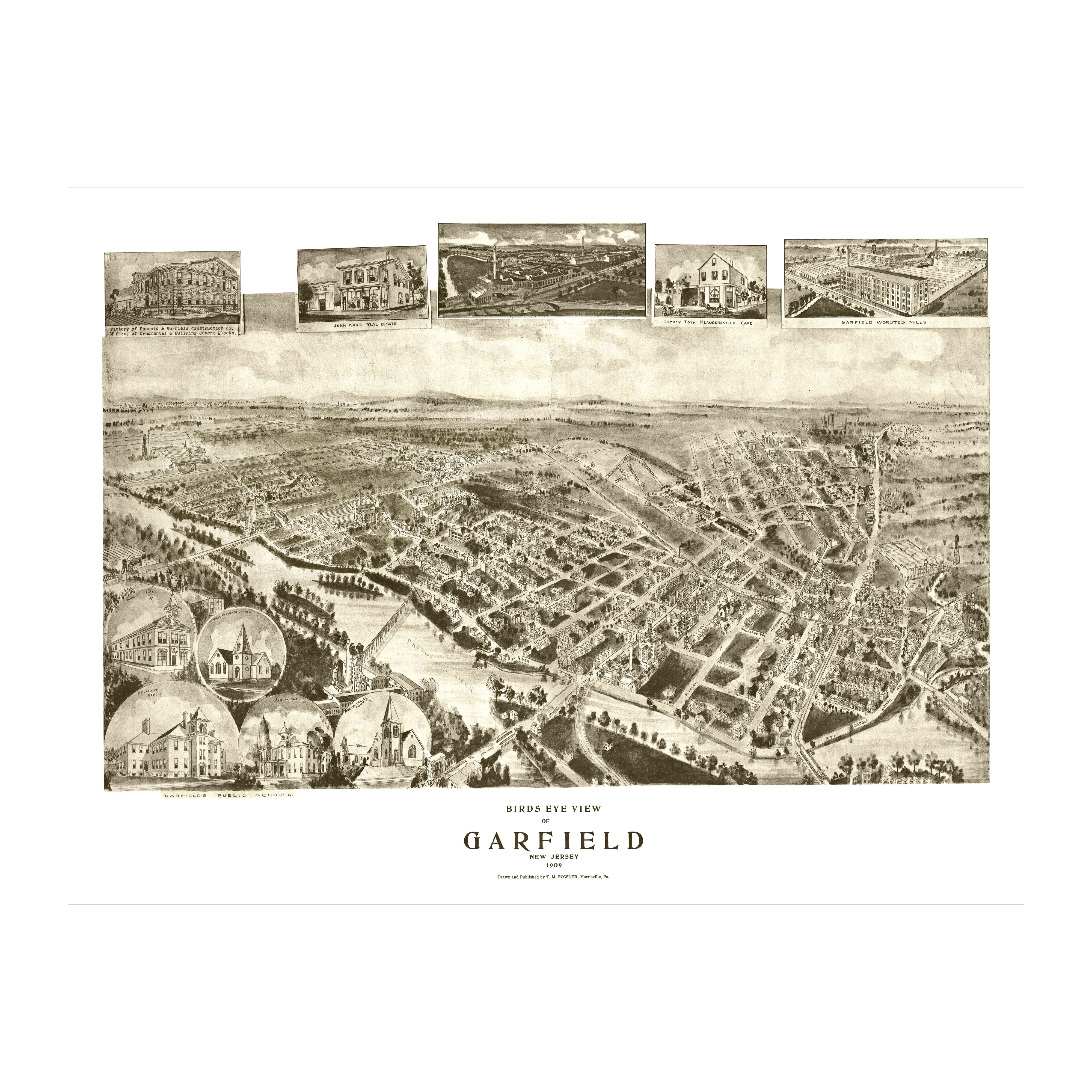 Garfield Art, 1909 Vintage Map of Garfield New Jersey, NJ History Wall ...