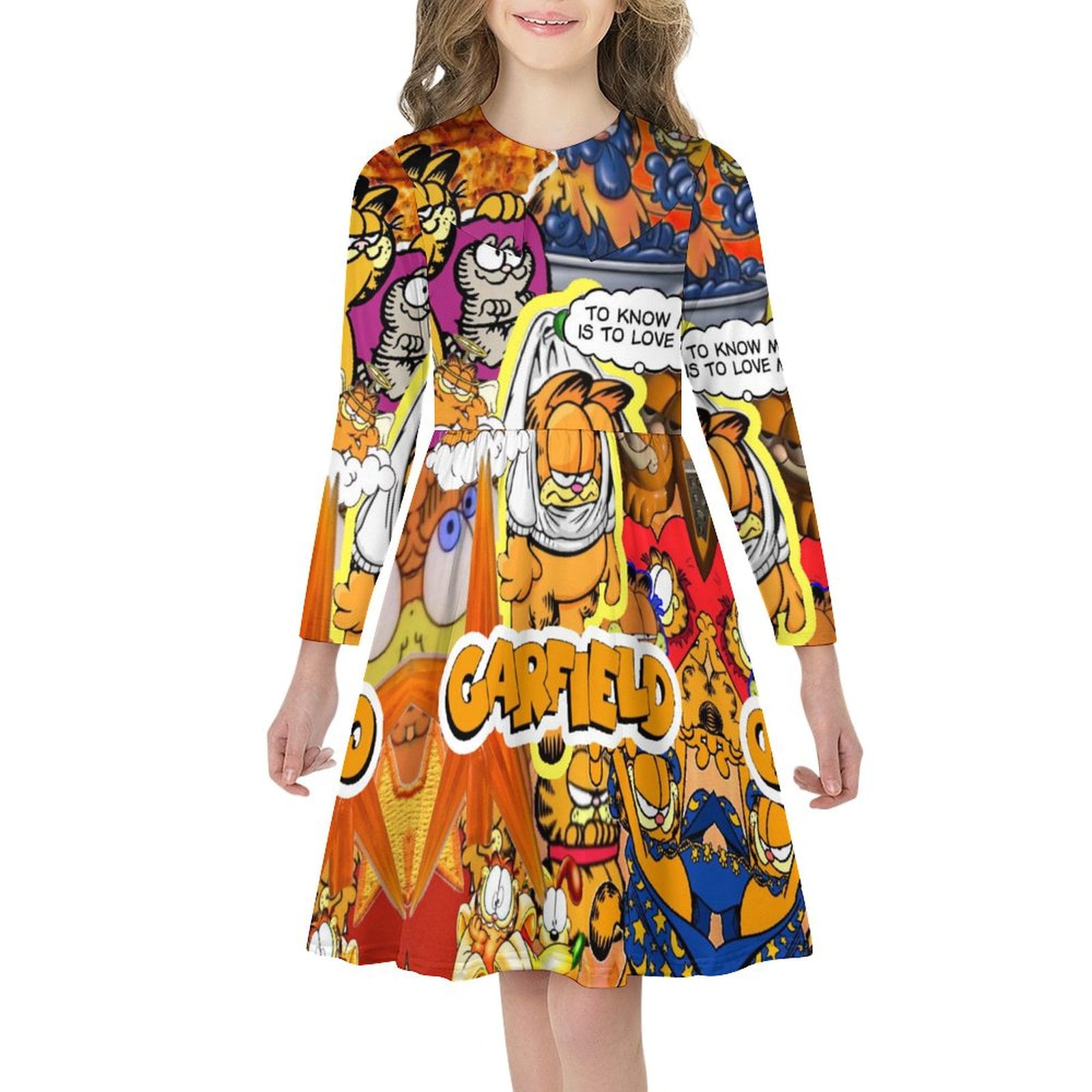 Garfield Girls Dress Printed Casual Party Long Sleeve Pleated Twirl ...