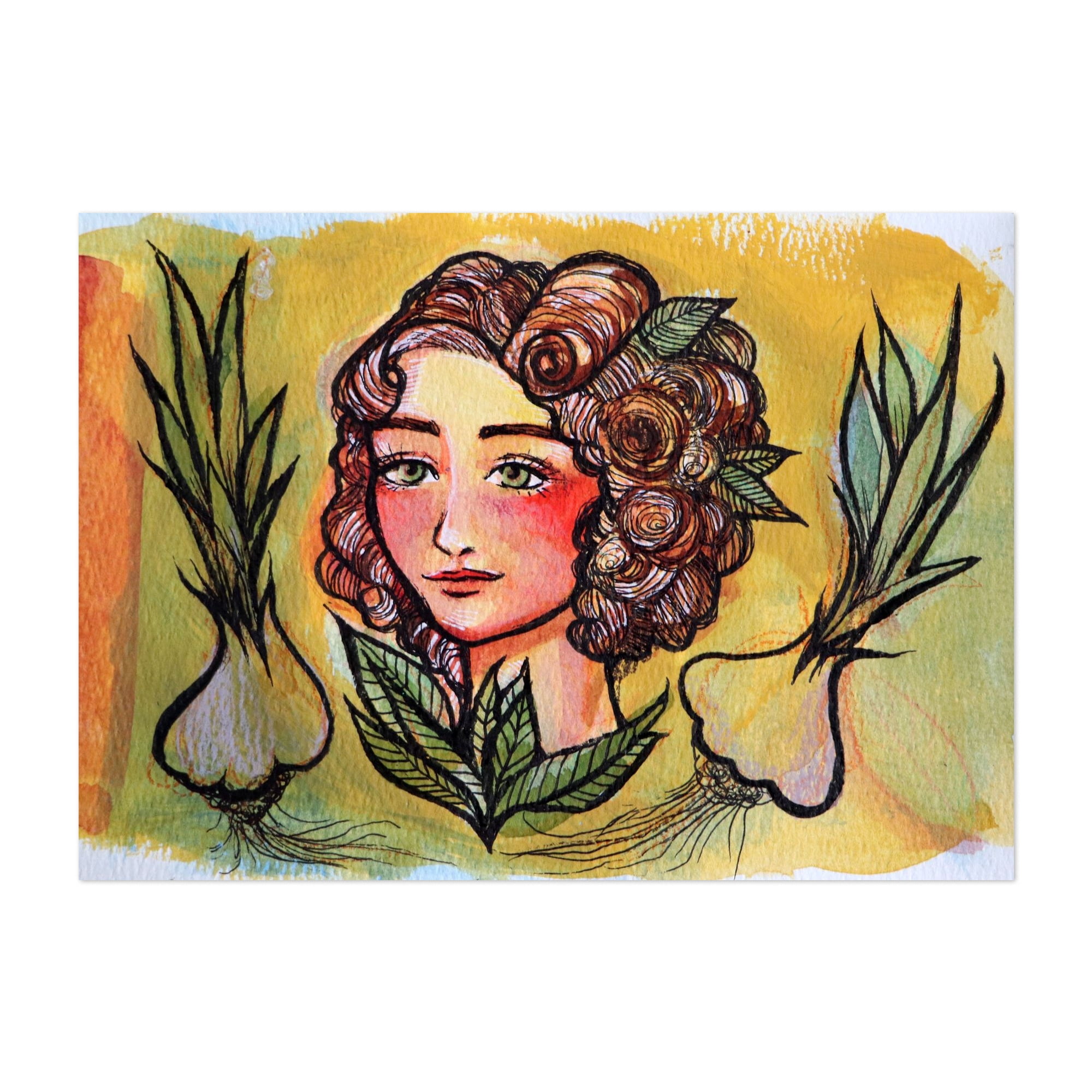 Garlic Girl - Illustration Watercolor Portrait Botanical Surrealism ...