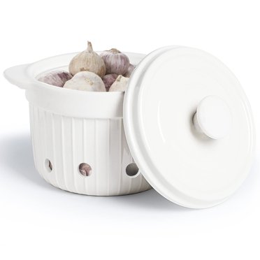ONTUBE Ceramic Garlic Keeper Canister with Lid, White, Storage Holder ...