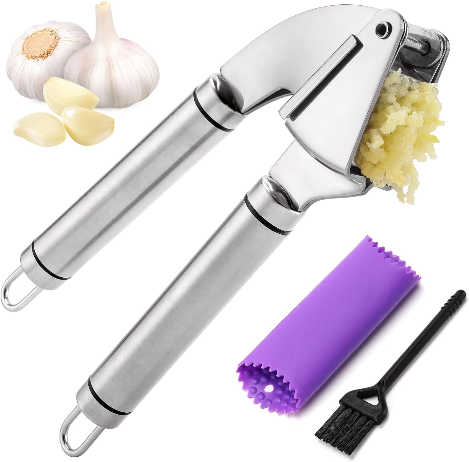 Garlic Press Mincer, 304 Stainless Steel Garlic Press with Garlic ...