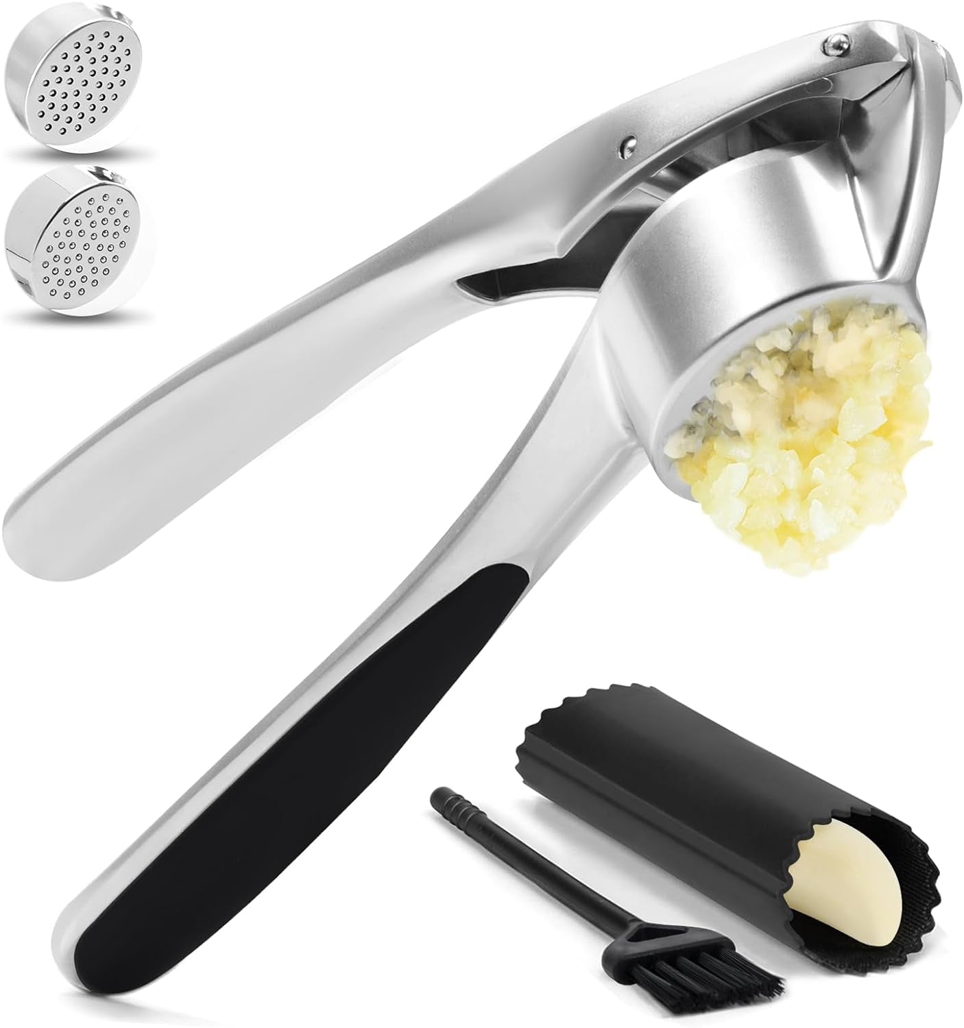 Garlic Press with Silicone Peeler & Brush - Garlic Mincer Tool - Easy ...