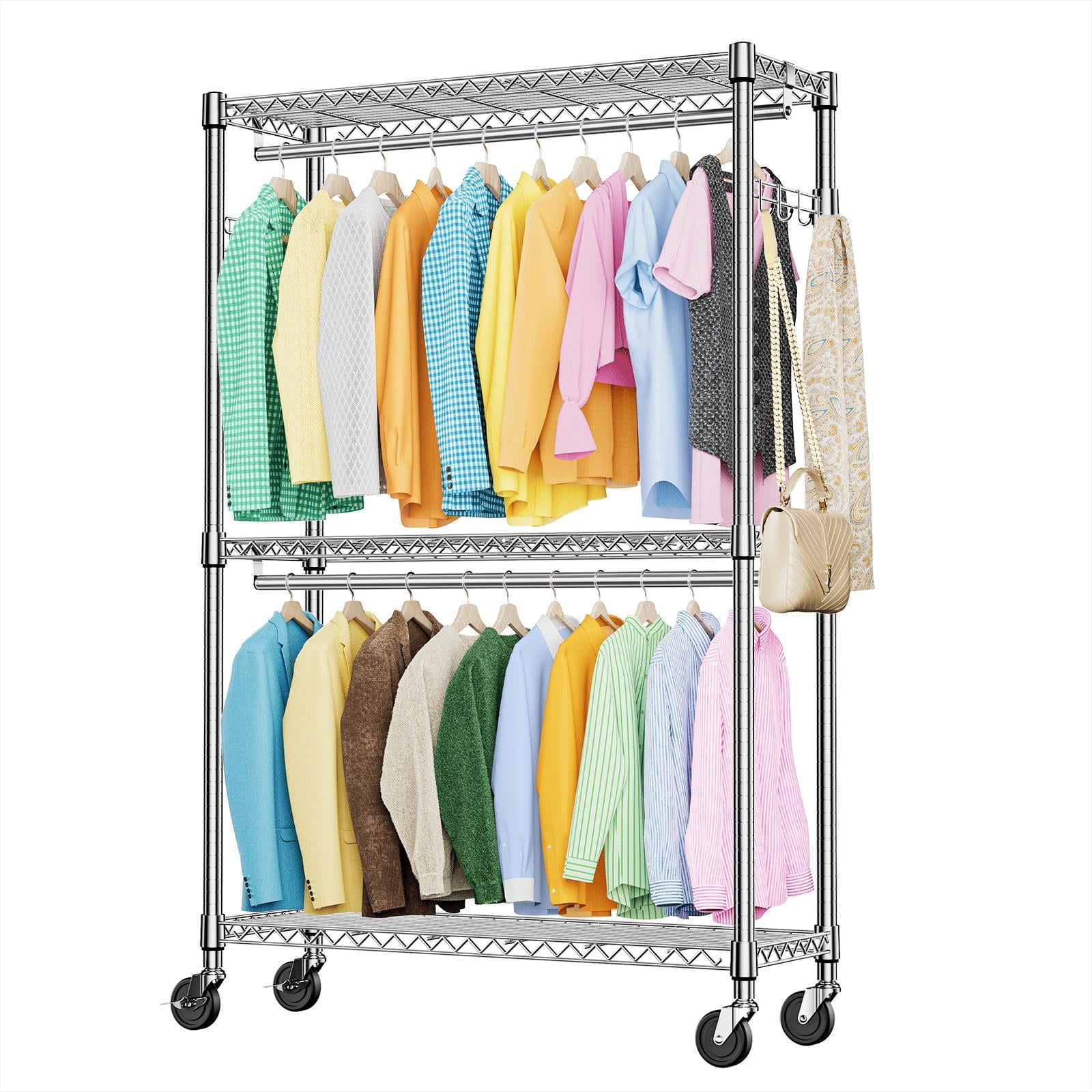 Garment Rack with Double Rods,Heavy Duty Rolling Clothes Rack with Side ...