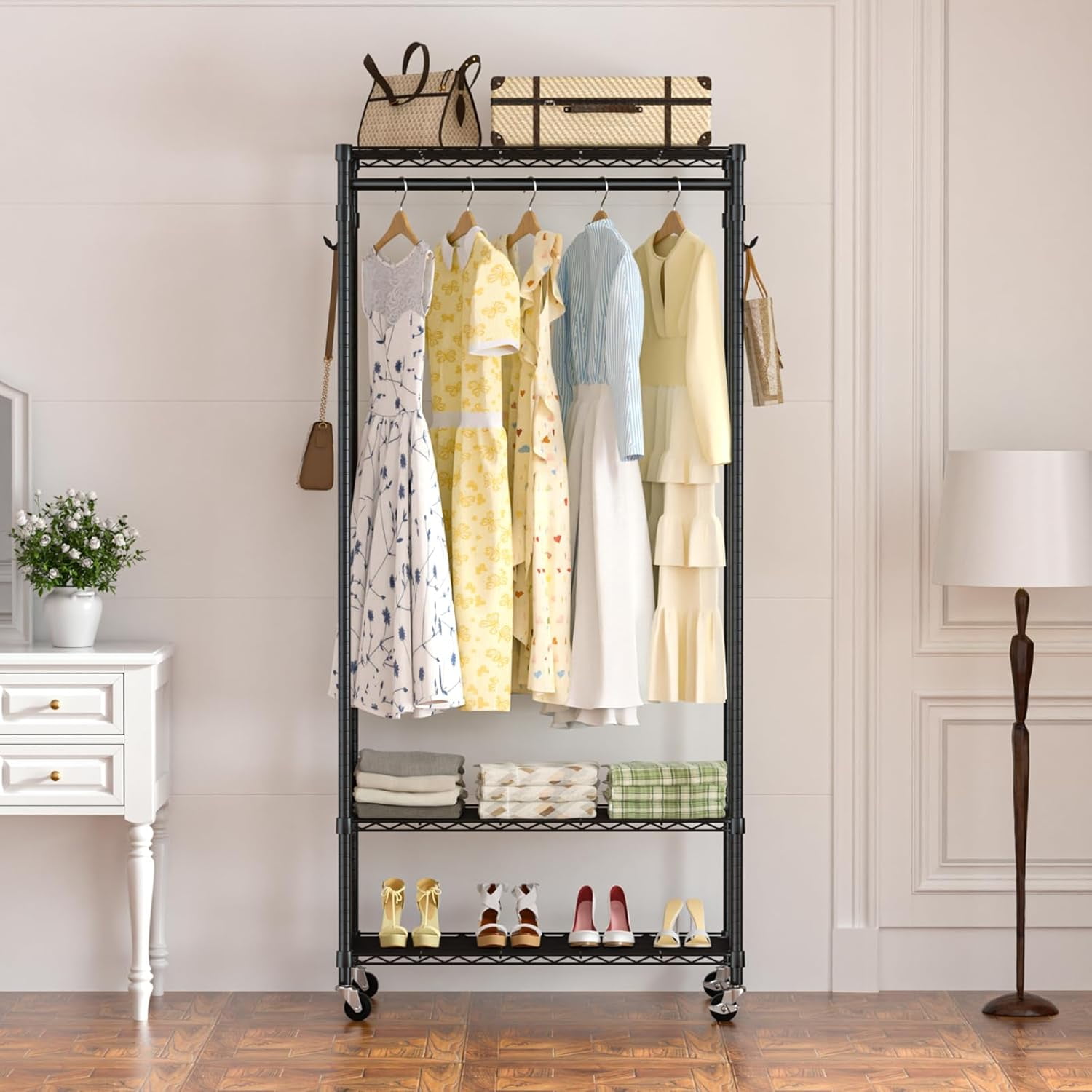 Garment Rack Heavy Duty 3 Tiers Adjustable Freestanding Metal Rolling ...