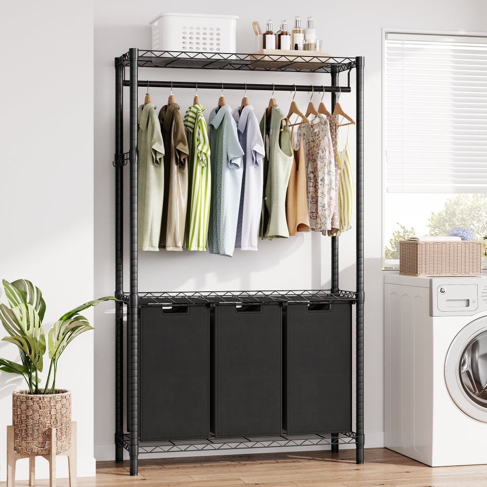 Garment Rack, Heavy Duty Laundry Basket Clothes Rack with Hanging Rod ...