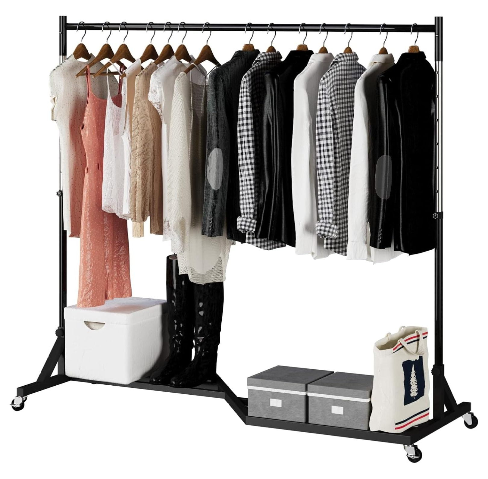 Garment Rack with Wheels, Heavy-Duty Adjustable Coat Rack with Bottom ...