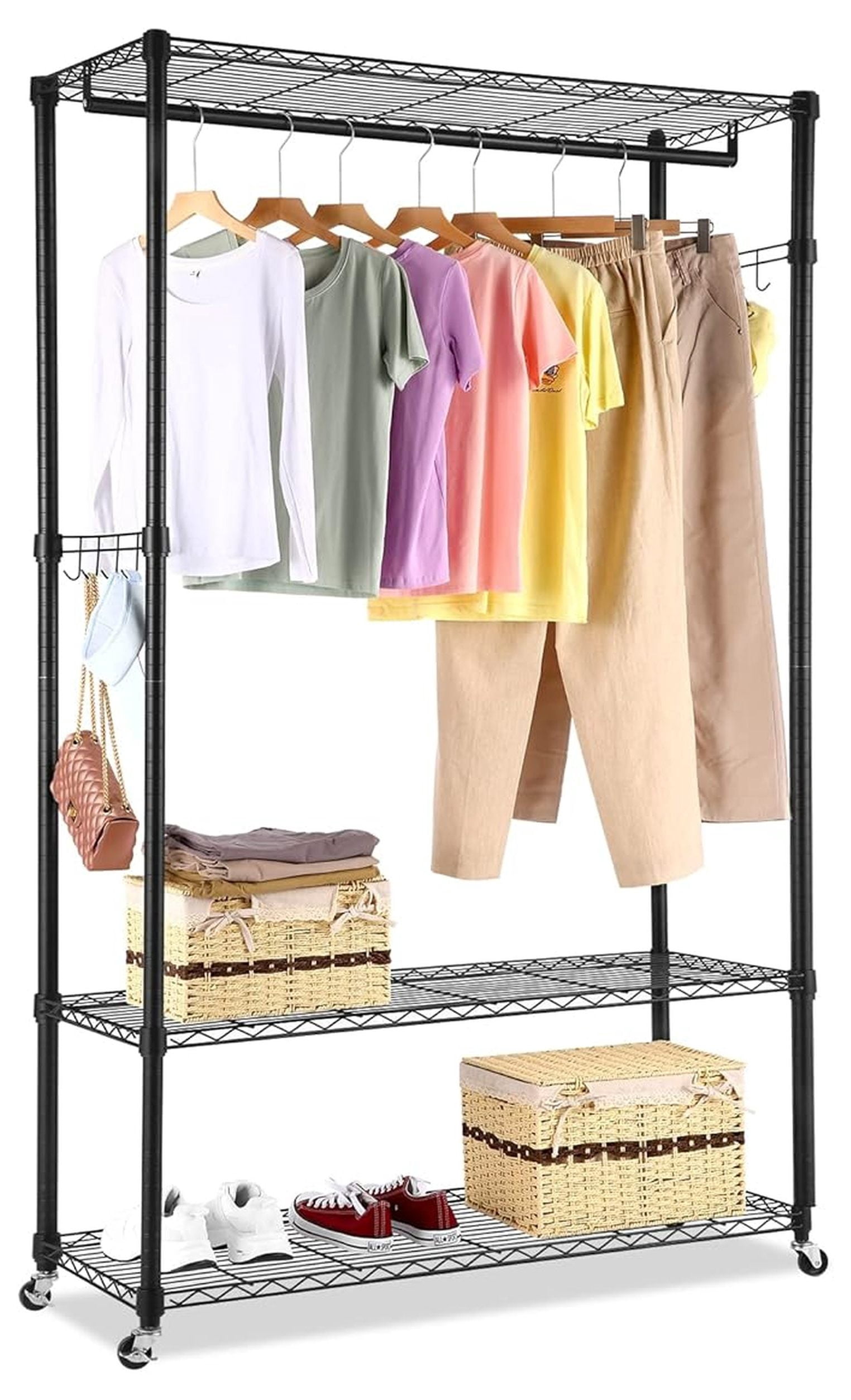 Garment Rack with 3 Tier Wire Adjustable Shelves, Rolling Clothes Rack ...
