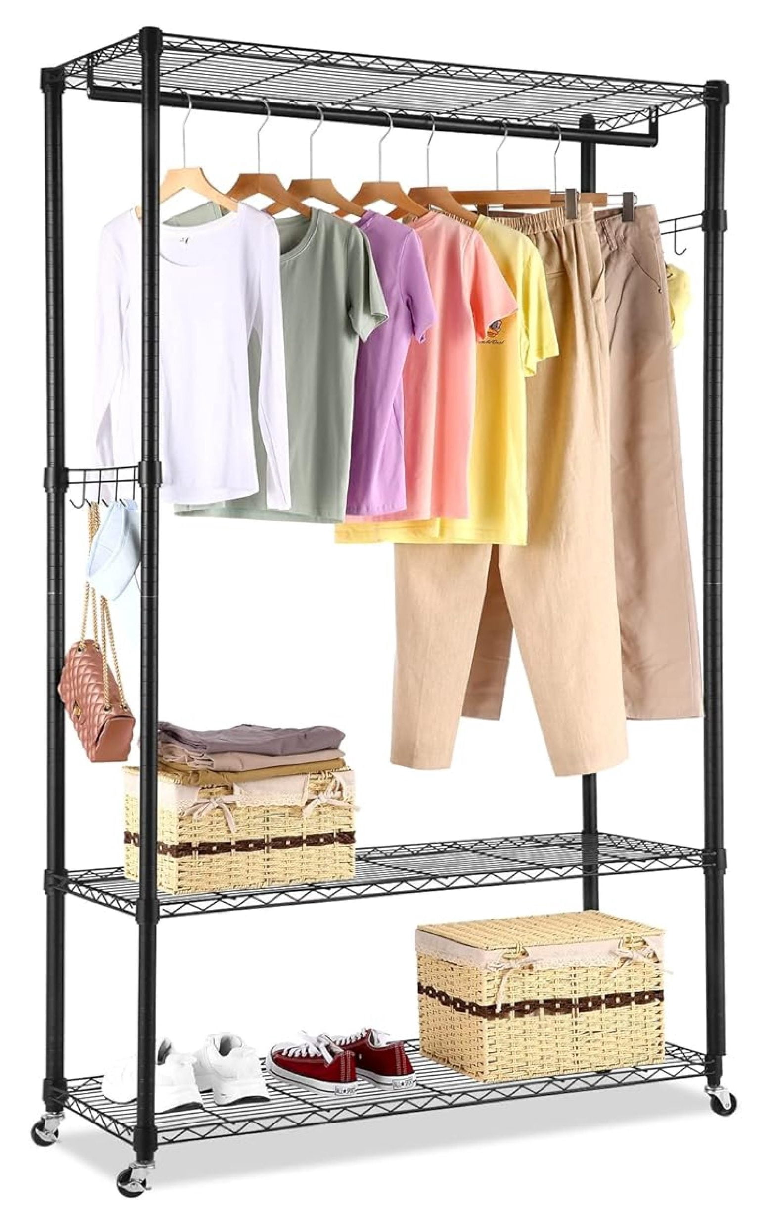 Garment Rack with 3 Tier Wire Adjustable Shelves, Rolling Clothes Rack ...