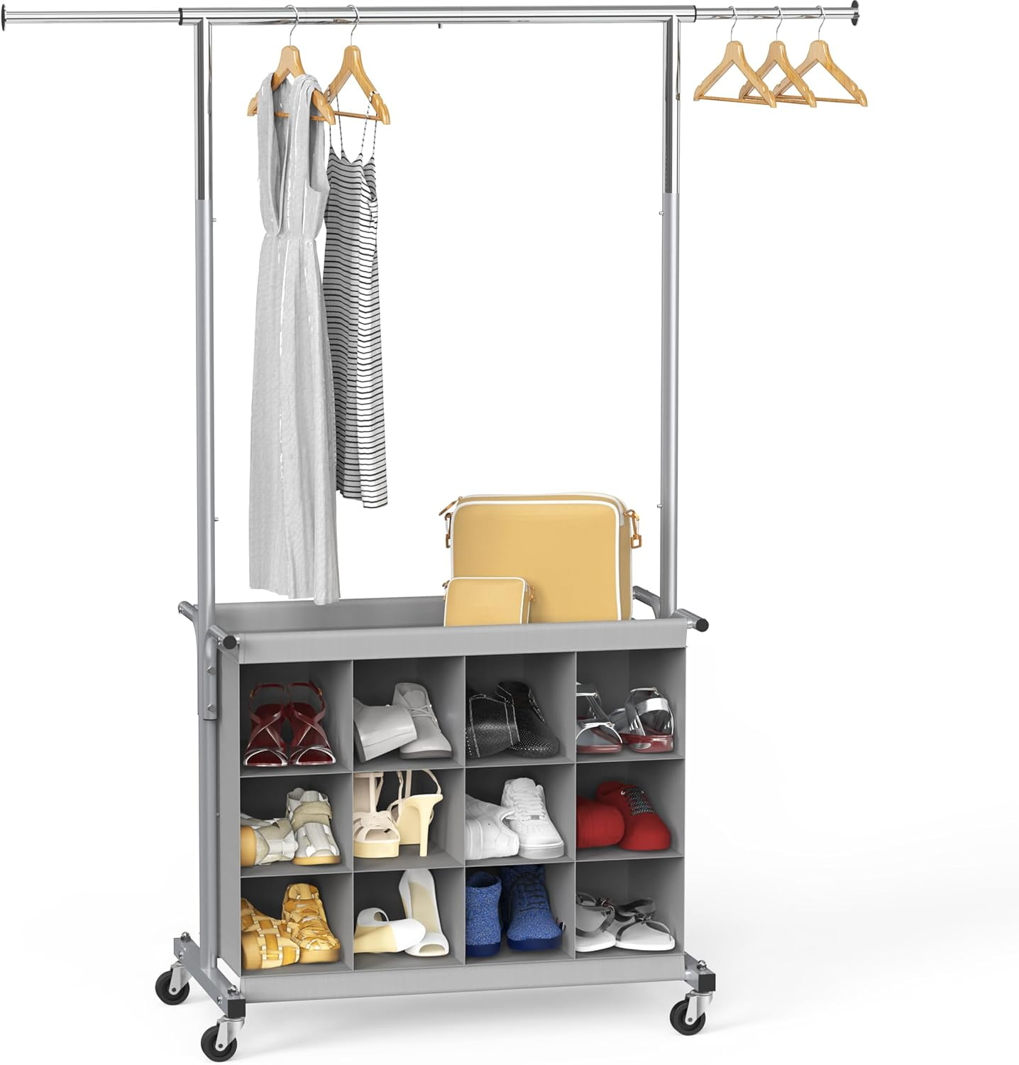 Garment Rack with Extensible Haning Rod and 16 Shoes Organizer, Grey ...