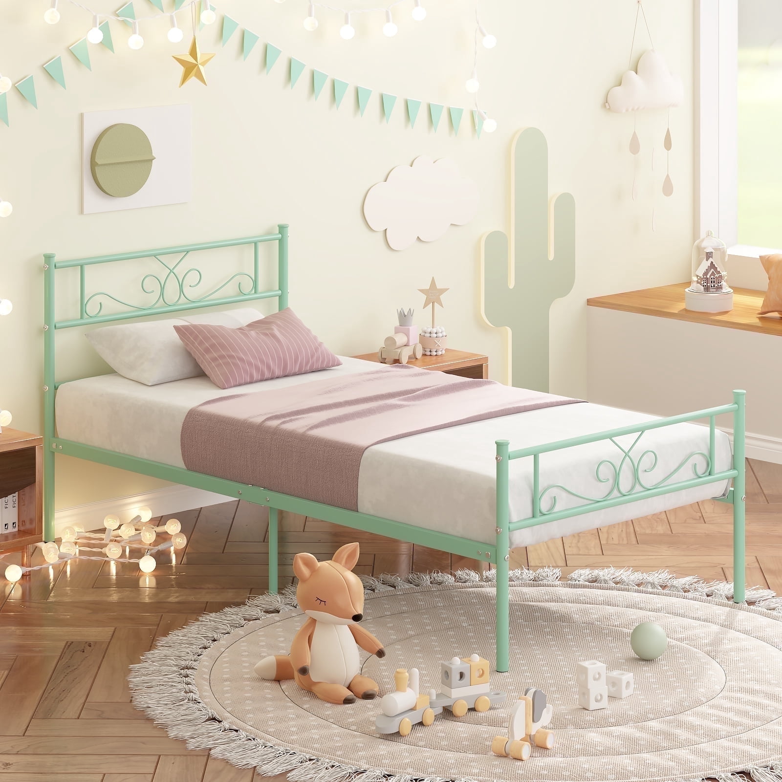 Garmic Kids Twin Metal Bed Frame with Modern Scroll Design Headboard ...