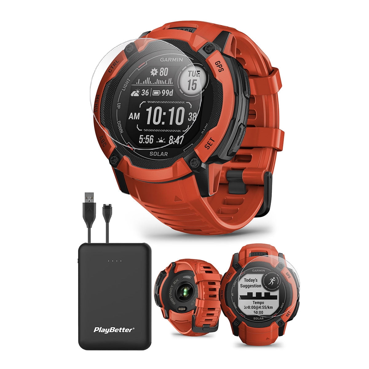 PlayBetter Garmin Instinct 2X Solar Rugged GPS Smartwatch Bundle, Flame ...