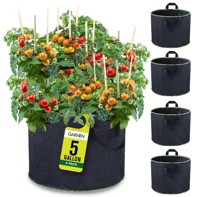 Garnen 5 Gallon Grow Bags (5 Packs), Heavy Duty Nonwoven Fabric Pots ...