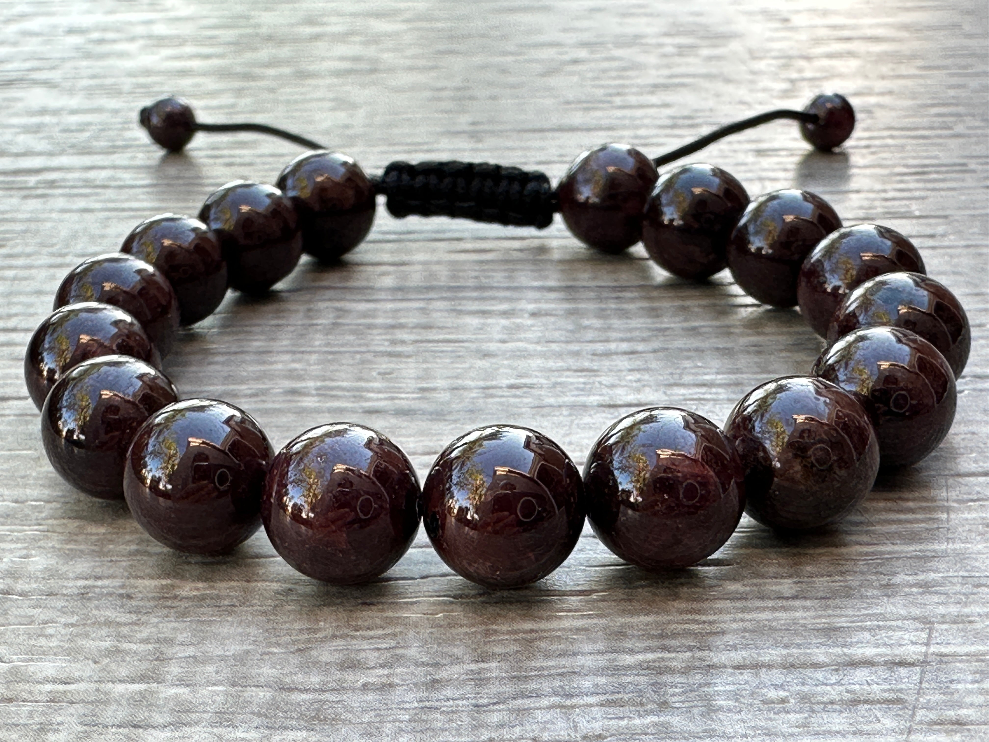 Garnet Gemstone Round Bead Adjustable Bracelet 10mm, Genuine Crystal ...