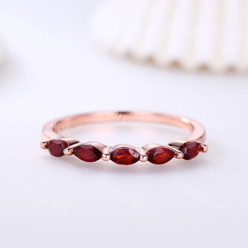 Garnet Wedding Band,Marquise Shape Wedding Ring,14K Gold,Engagement Stacking gift,January ...